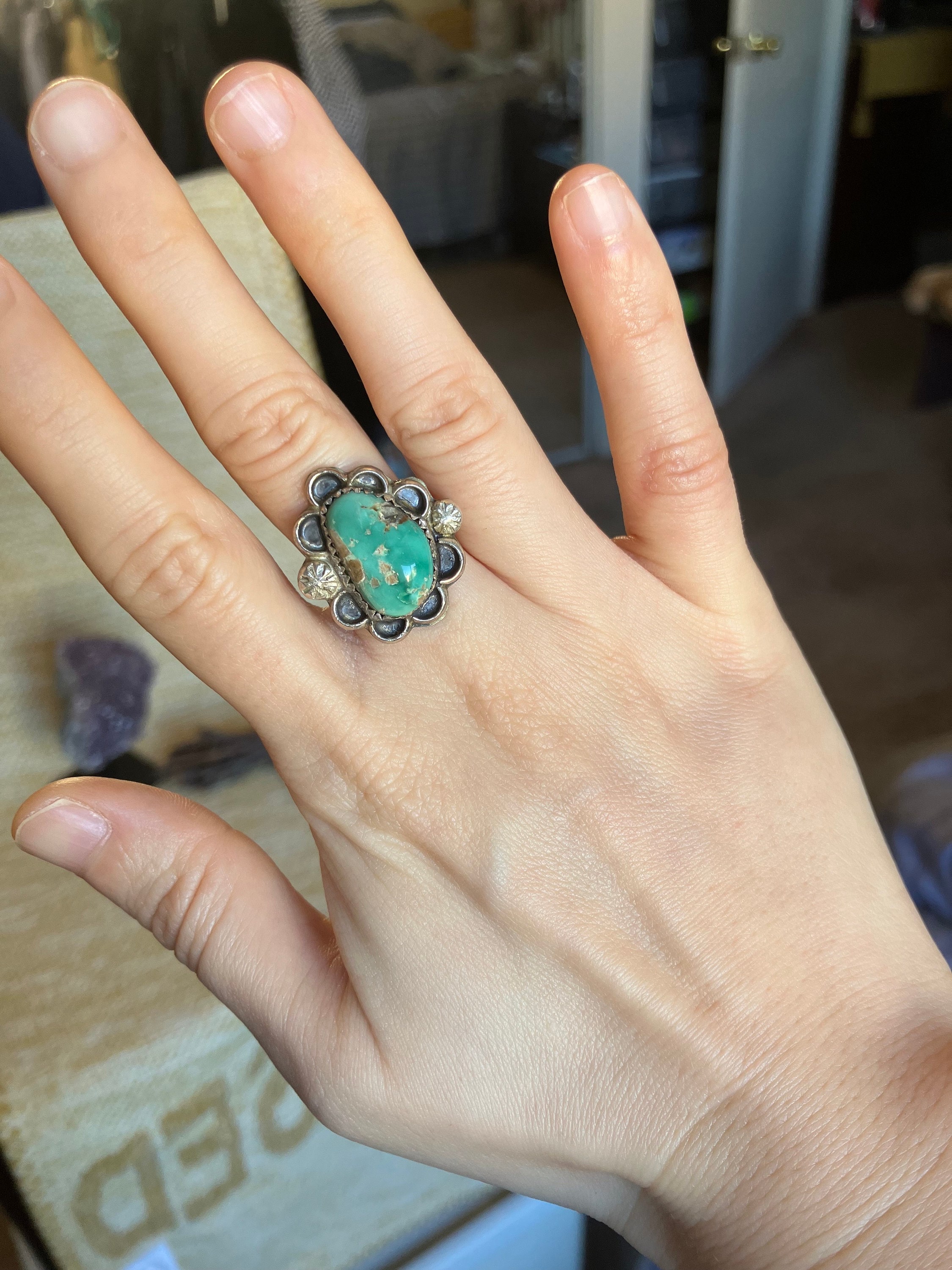 Vintage Navajo Native American Sterling Silver Green Turquoise Ring ...