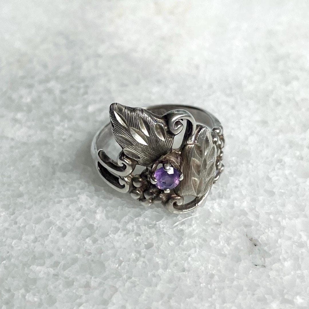 Vintage Sterling Silver Amethyst Grape Leaf Ring Size 4 Pinky Ring - Etsy
