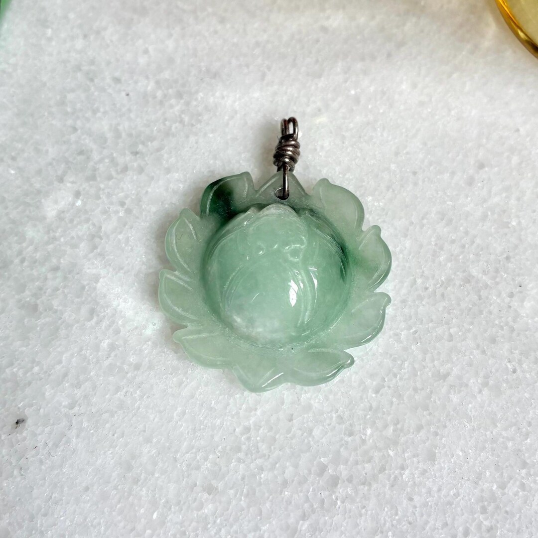 Vintage Carved Genuine Jade Lotus Flower Pendant With Sterling Silver ...