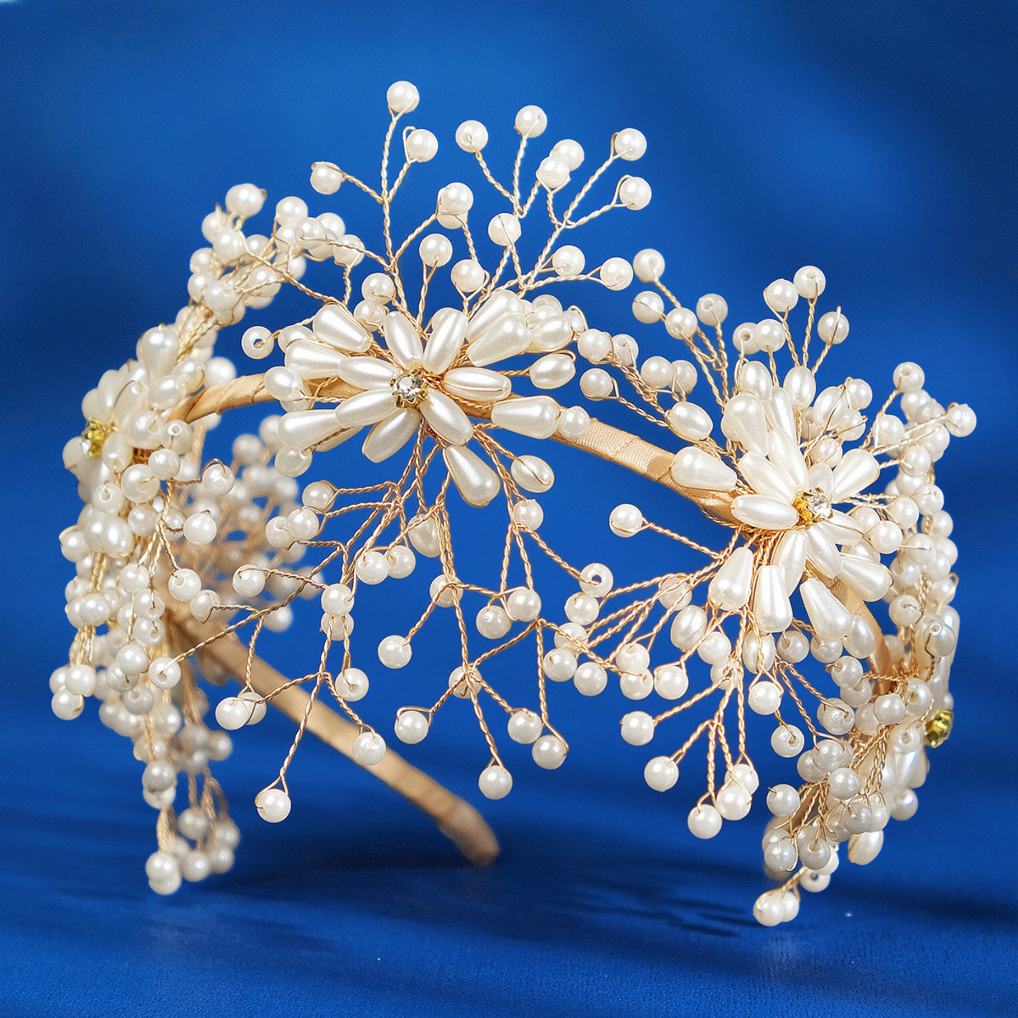 White Pearls Headband for Bride, Gold Bridal Headband With White Pearls ...