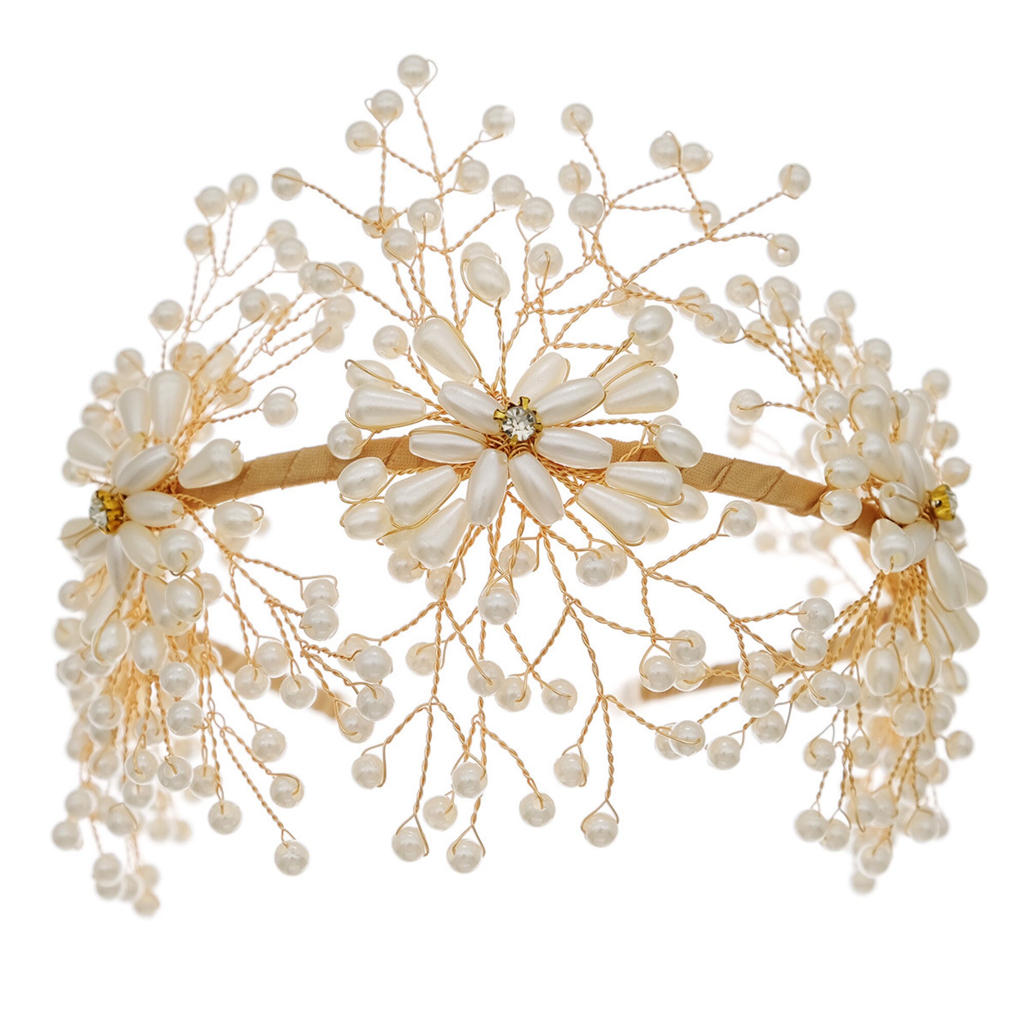 White Pearls Headband for Bride, Gold Bridal Headband With White Pearls ...