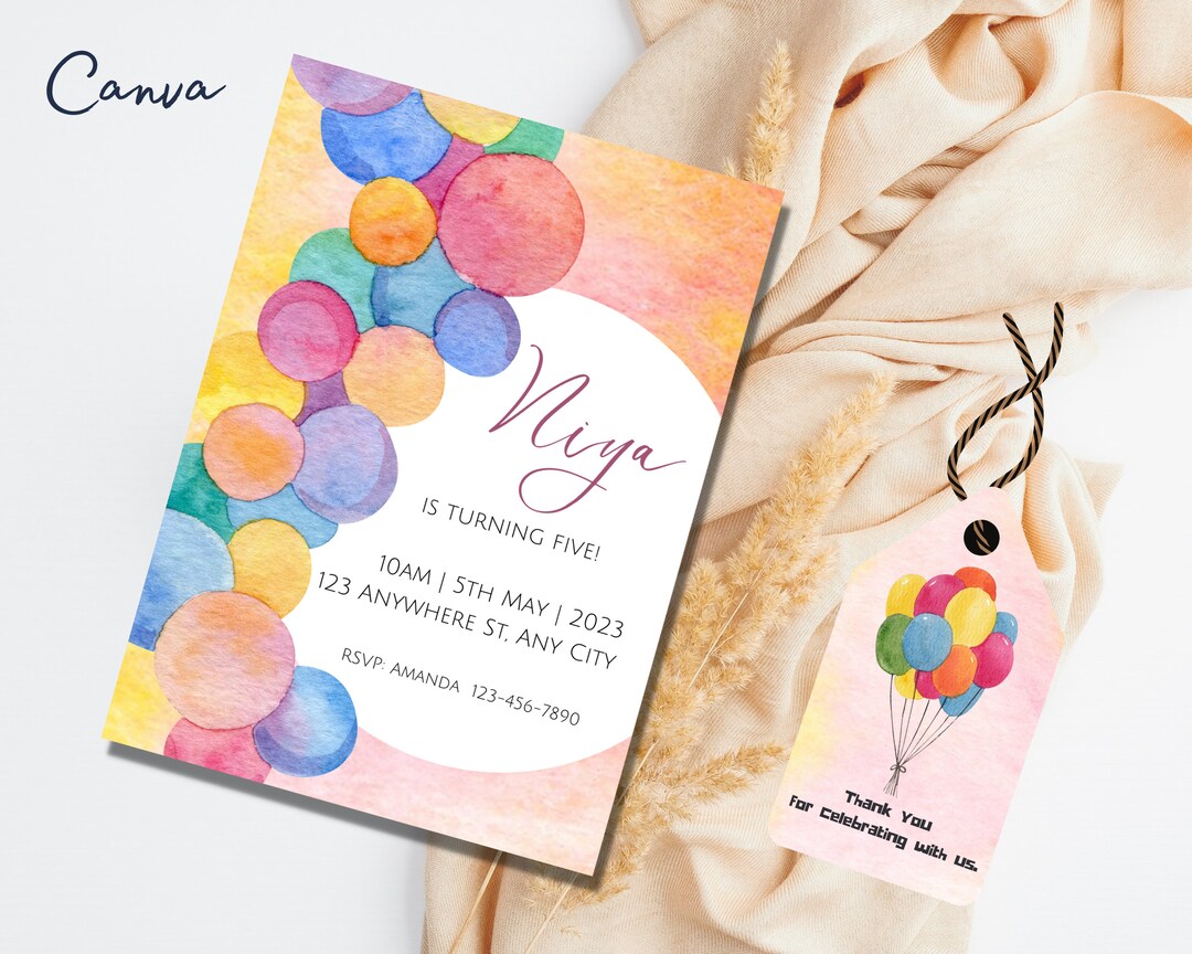 Balloon Kids Birthday Invitation, Pastel Rainbow Watercolour Balloons ...
