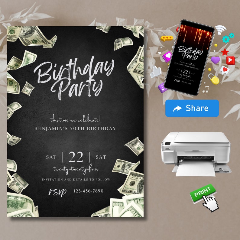 Money Birthday Invitation: Shareable Dollar Evite (digital Template) - Etsy
