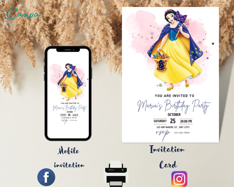 Snow White Birthday Party Invitation Template Snow White - Etsy