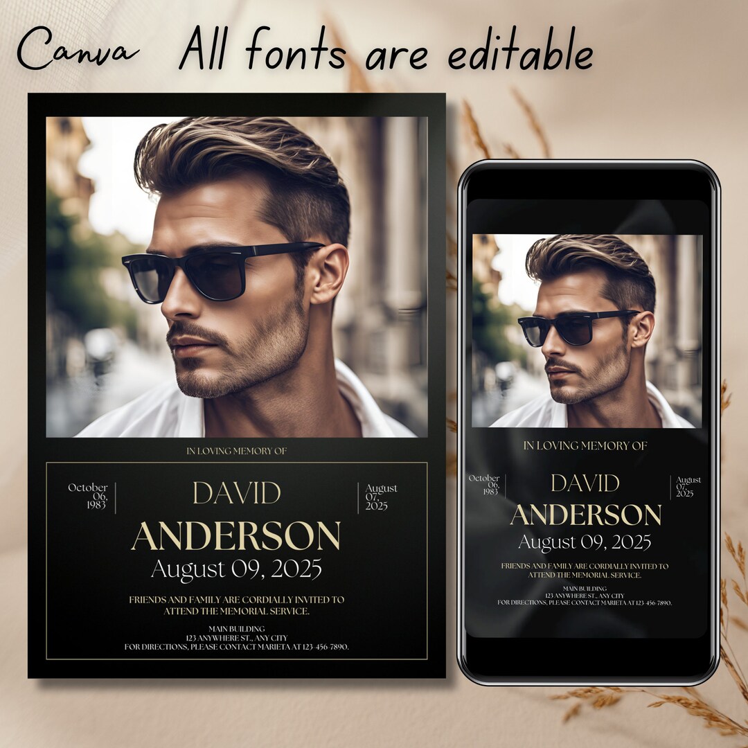 Digital Men Memorial Invitation, Memorial Template, Men Invitation With ...