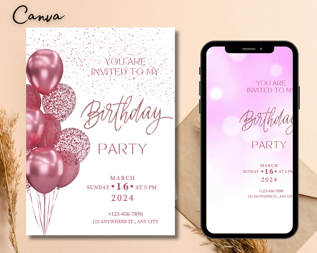 Editable Birthday Party Digital Invitation, Text Invitation Pink ...