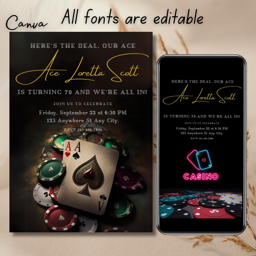 Editable Casino Night Birthday Invitation, Game Night, Card Playing ...