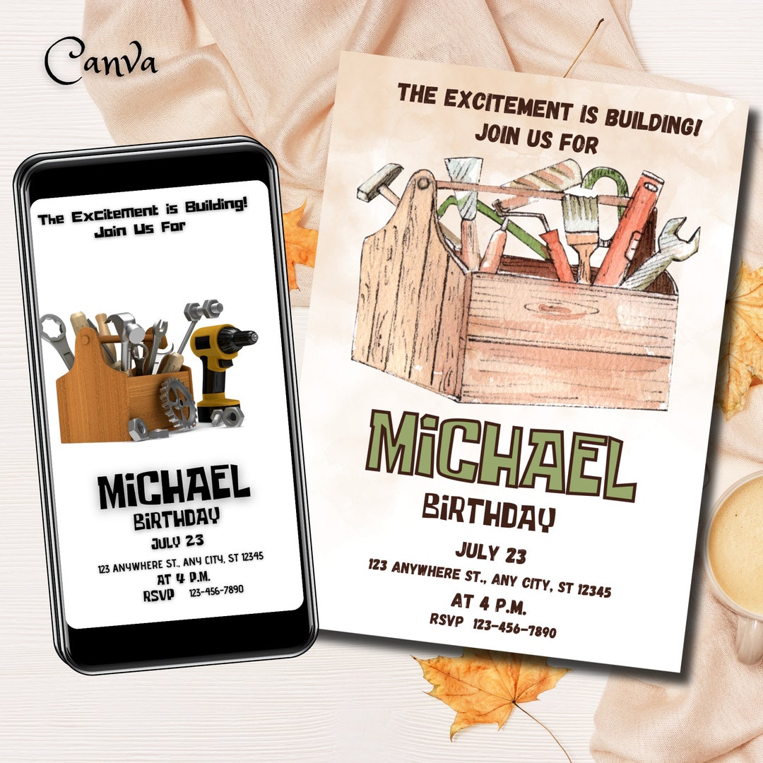 Tool Party Invites, Construction Handyman Builder Invitation, Tool Box ...