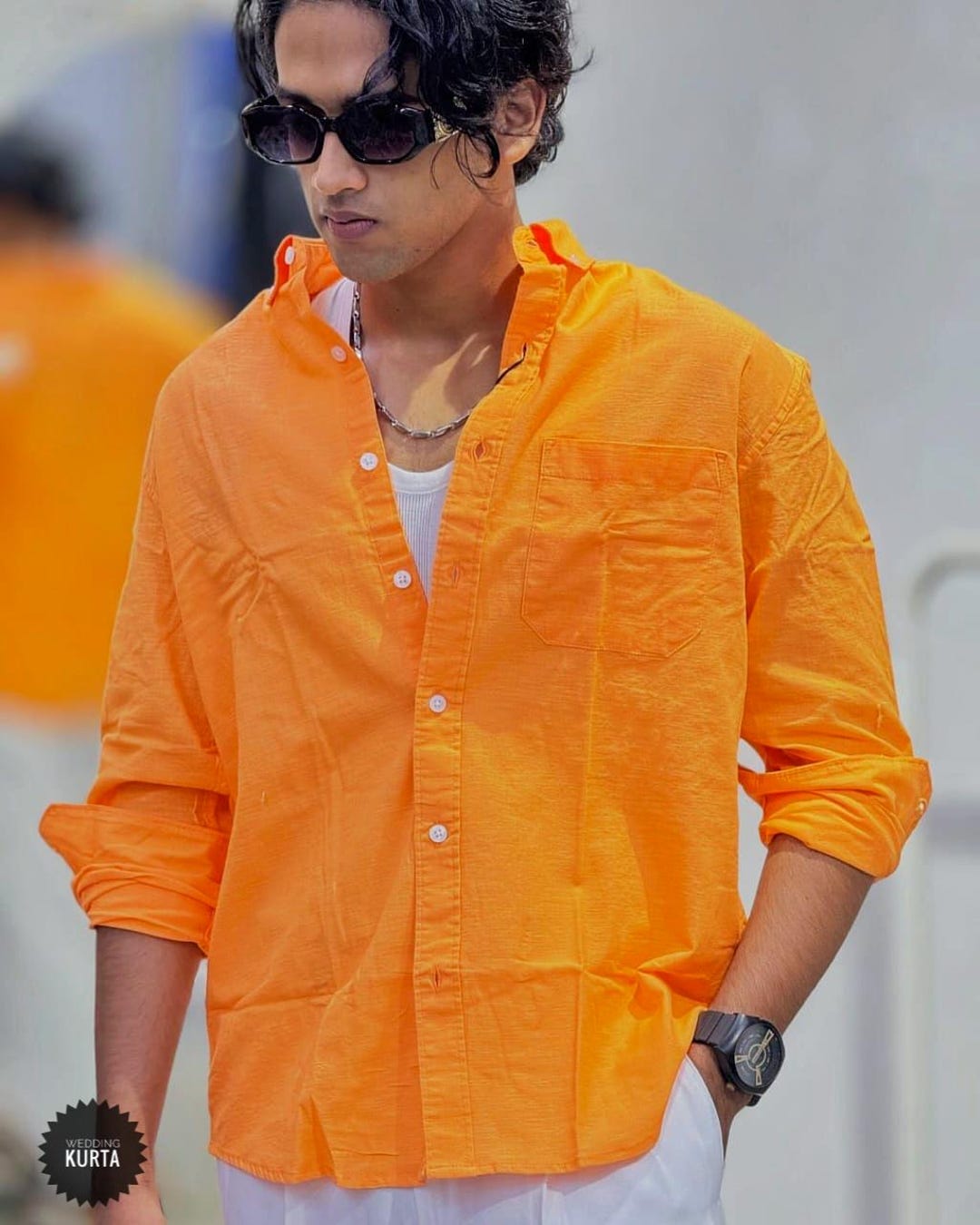 Orange Color Linen Shirt Wedding Wear Shirts Self Design Shirt Pure ...