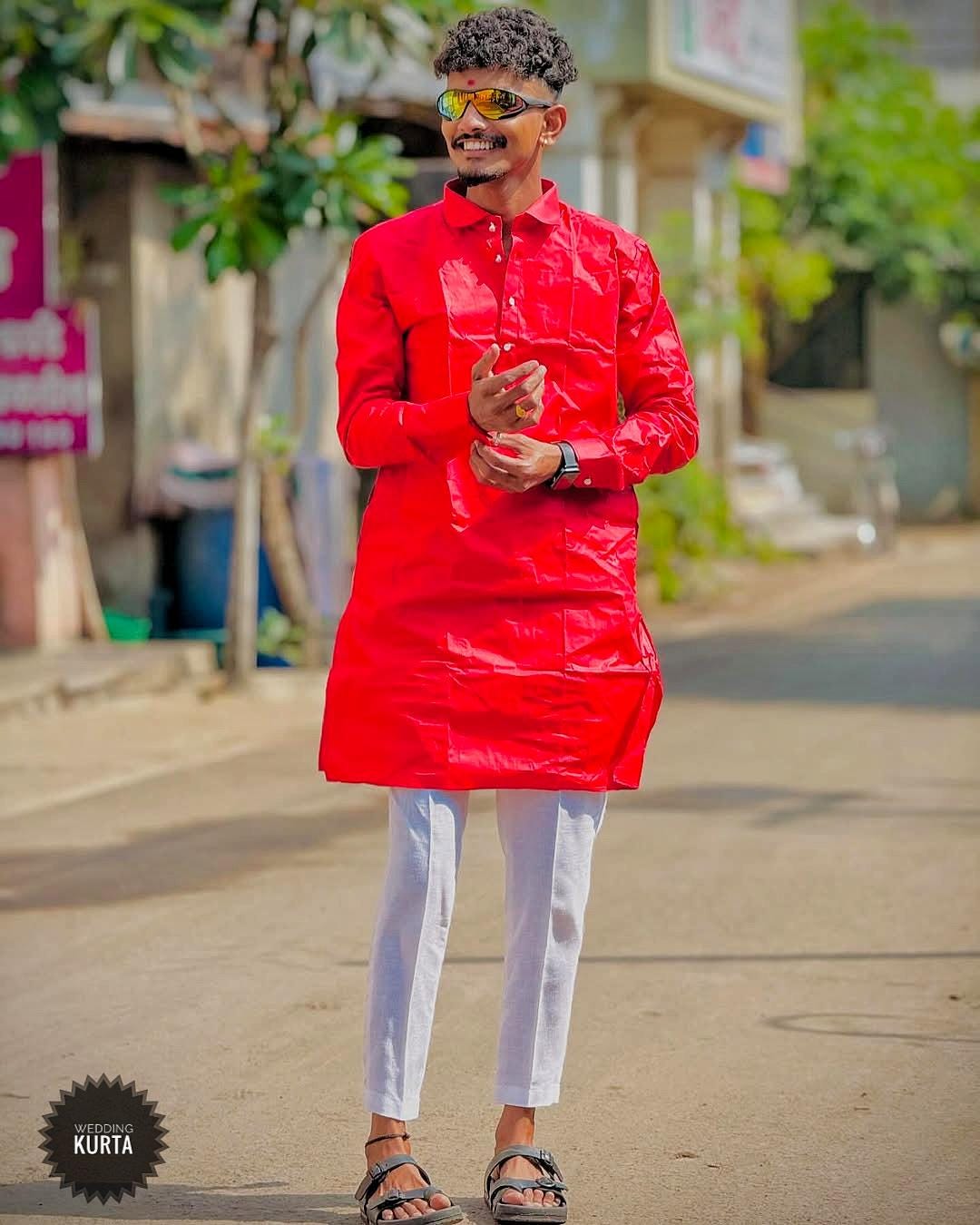 Indian Ethnic Wear Kurta Pyjama Suit Set, Red Kurta Pyjama for Men ...