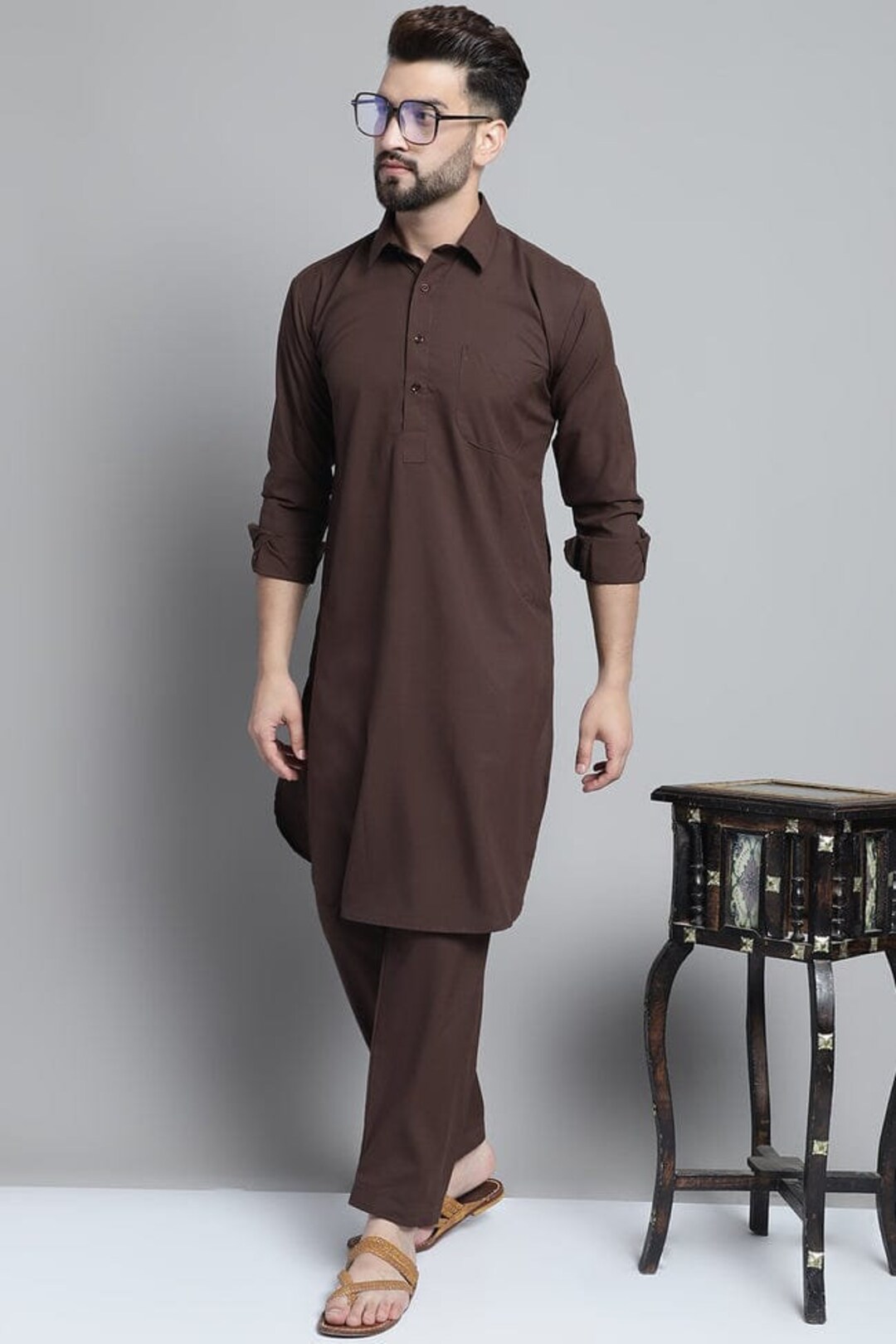 Mens Coffee Brown Cotton Solid Pathani Kurta With Salwar, Kameez ...
