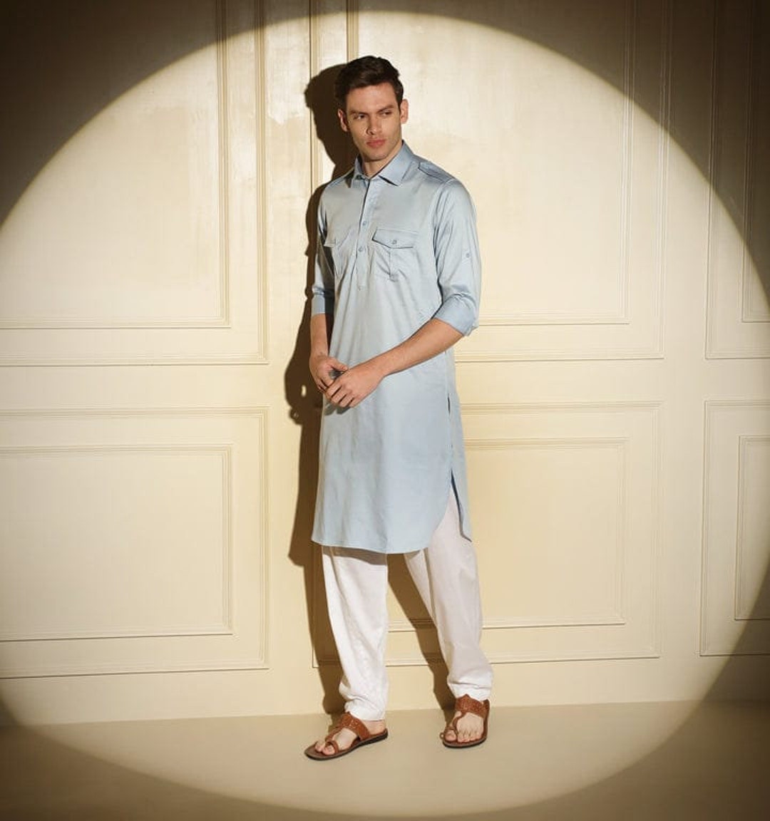 Men's Wedding Anniversary Pathani Suit Set, Sky Blue Pathani Kurta ...