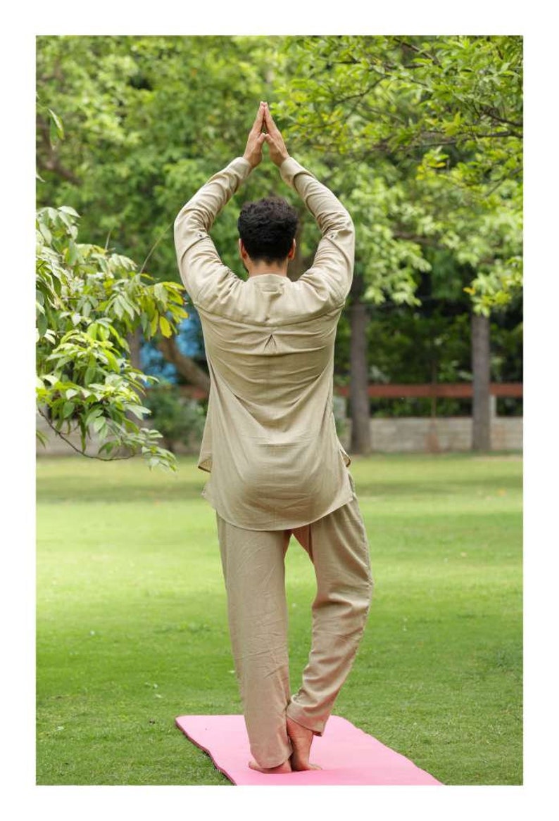 Men's Cotton Linen Yoga Kurta Pajama Set - Olive Green Meditation Suit ...