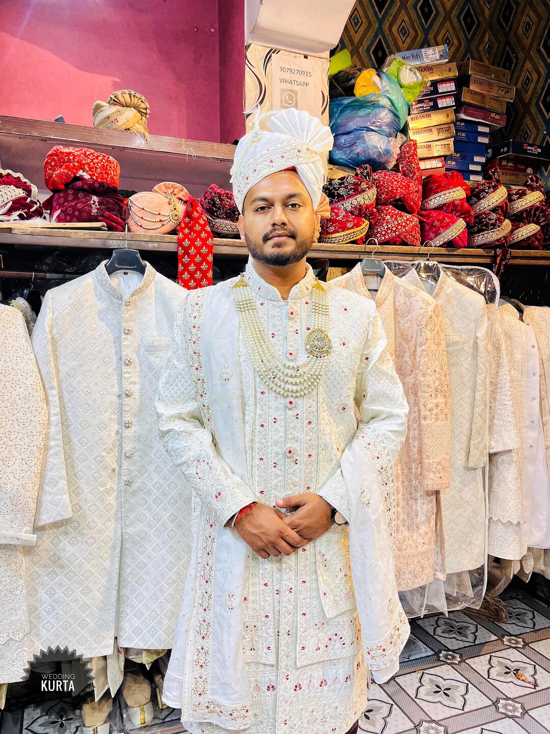 White Embroidered Sherwani: Turban, Mala & Dupatta - Groom Wedding ...