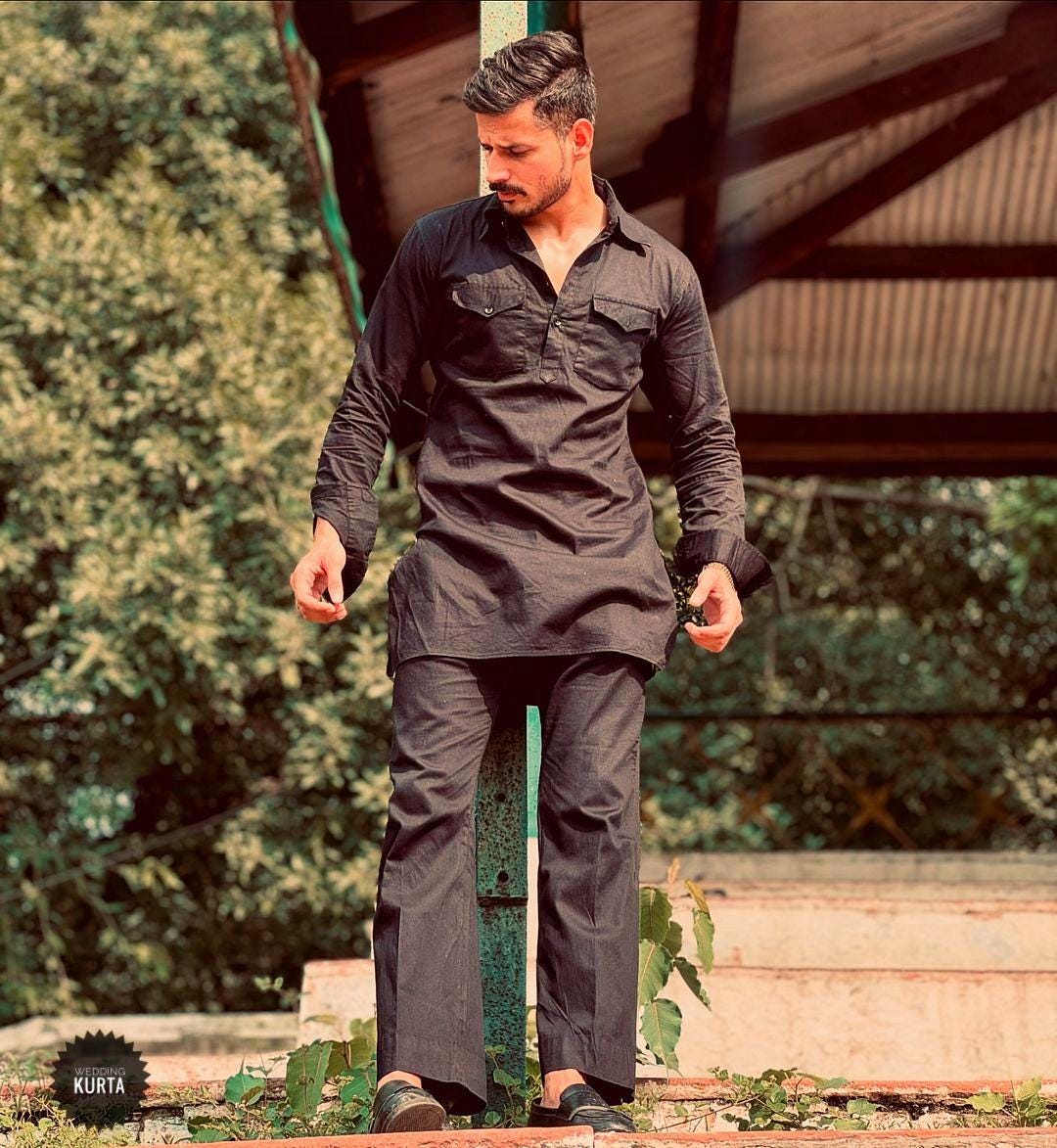 Men's Black Pathani Short Kurta With Black Pant, Short Shirt Kurta, Two ...