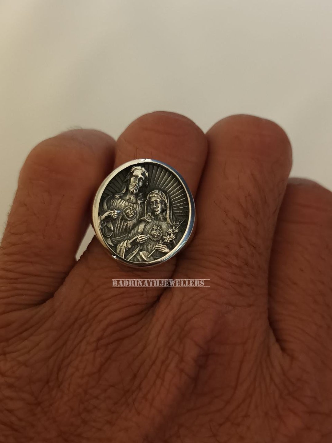 Virgin Mary and Jesus Silver Men Ring, Handmade 3D Catholic Ring, Holy ...