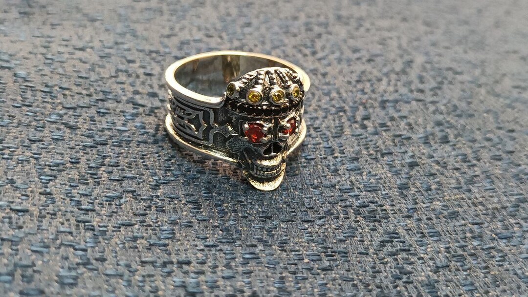 King Skull With Crown Gothic Mens Ring in Sterling Silver, Cool Biker ...