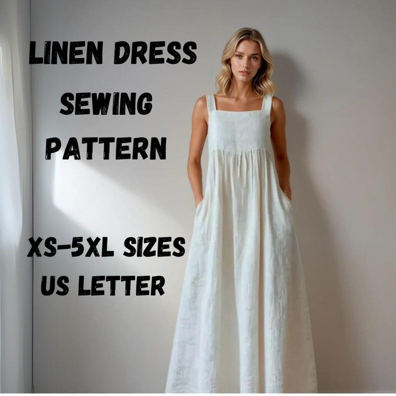 Linen Maxi Dress Sewing Pattern - PDF, XS-5XL Sizes Sleeveless Boho ...