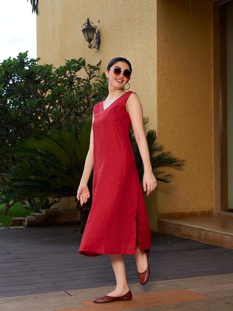 Red Linen Dress, Sleeveless Dress, Deep V Neck Dress, Linen Sundress ...