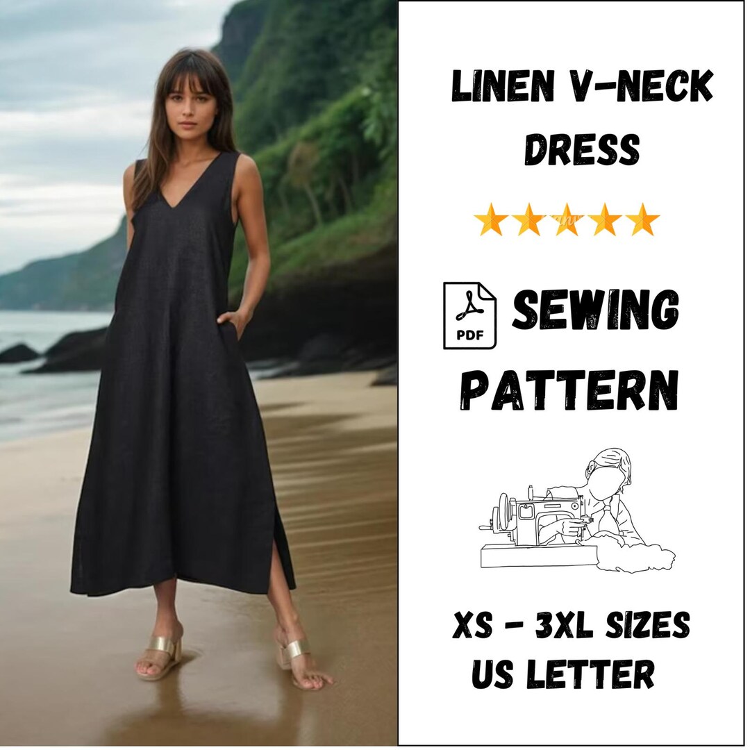 Summer Dress Pattern, V Neck Sleeveless Midi Dress - PDF Sewing Pattern ...