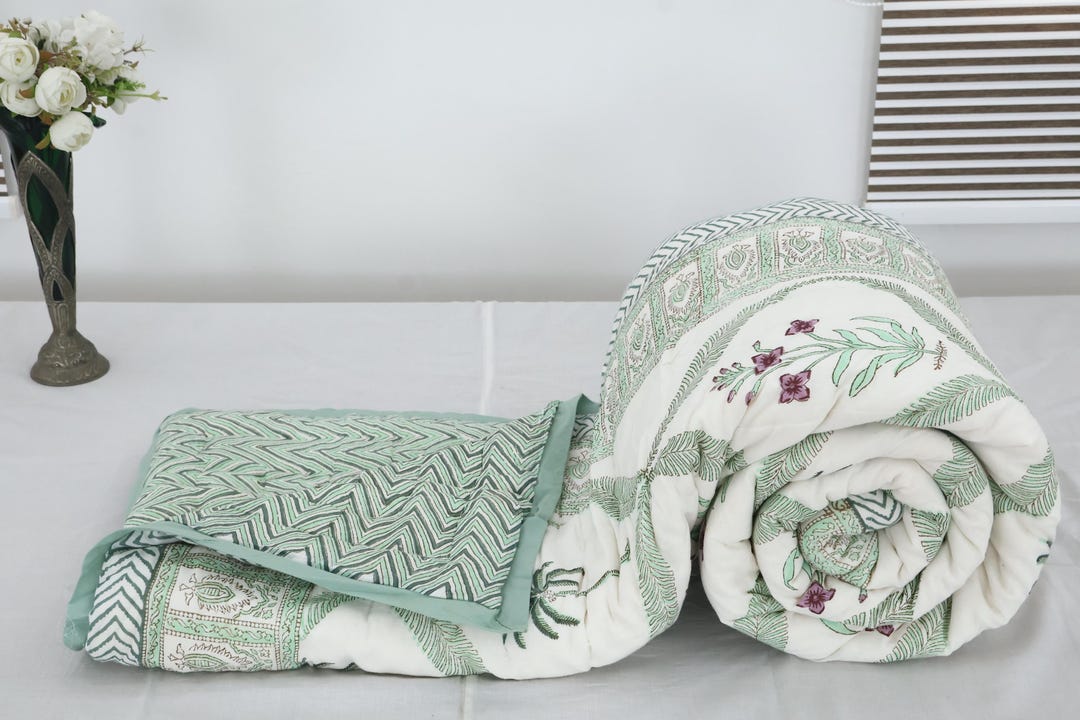 Block Printed Quilted Throw Blanket 100% Cotton Quilt, Cover for Couch ...