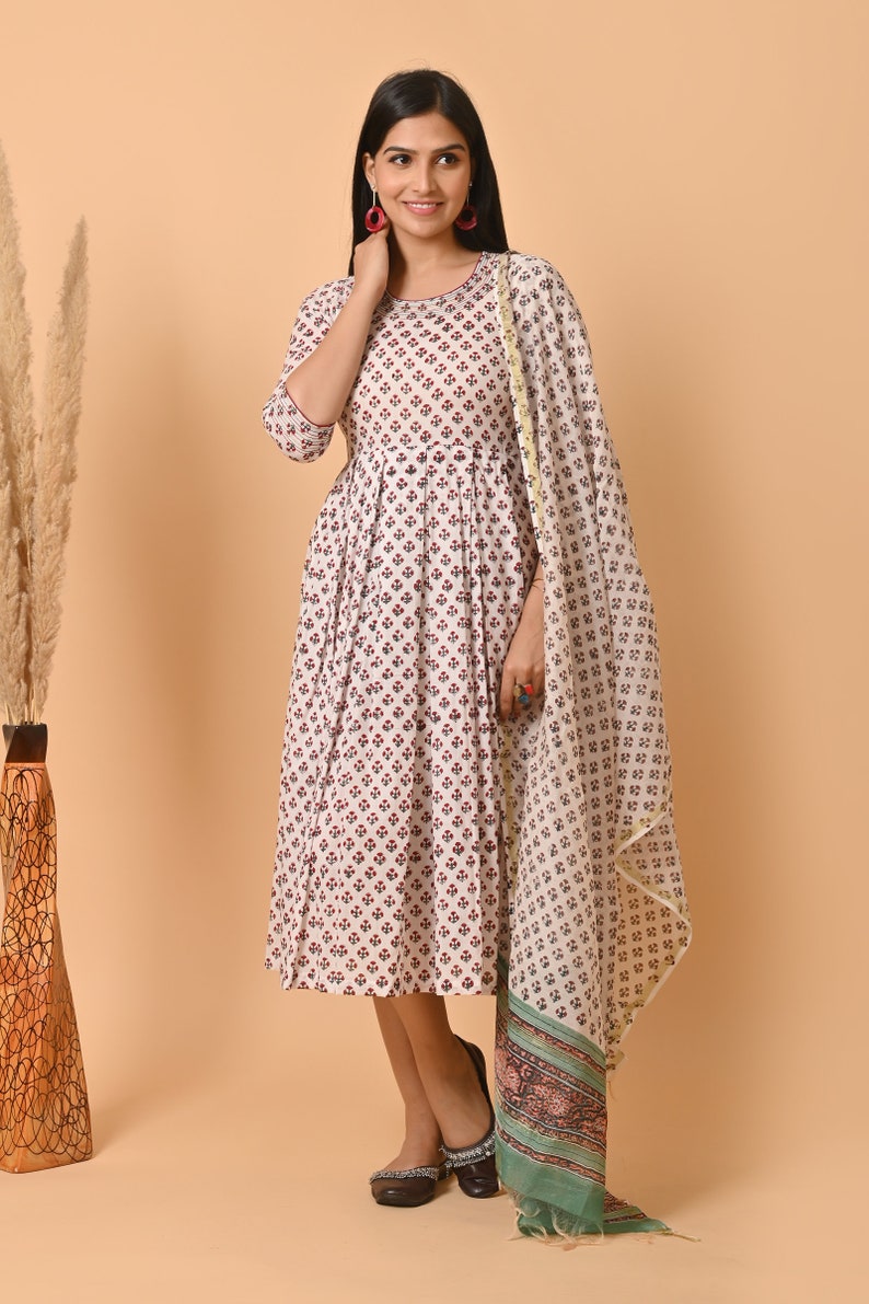 Pure Cotton White Colour Hand Block Dress Floral Print With Dupatta - Etsy