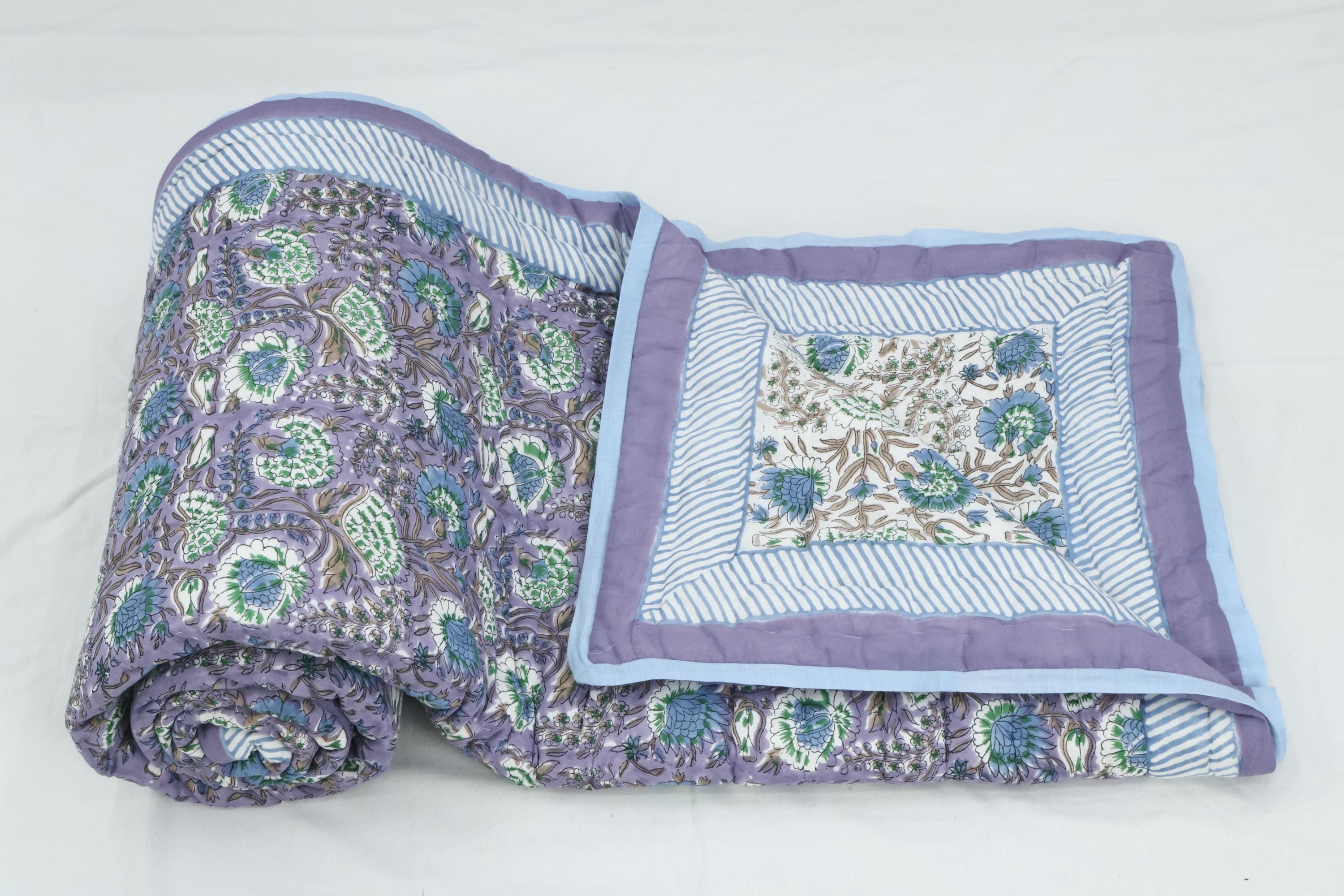 Handmade Block Print Quilted Throw Blanket: 100% Cotton Sage Coverlet ...