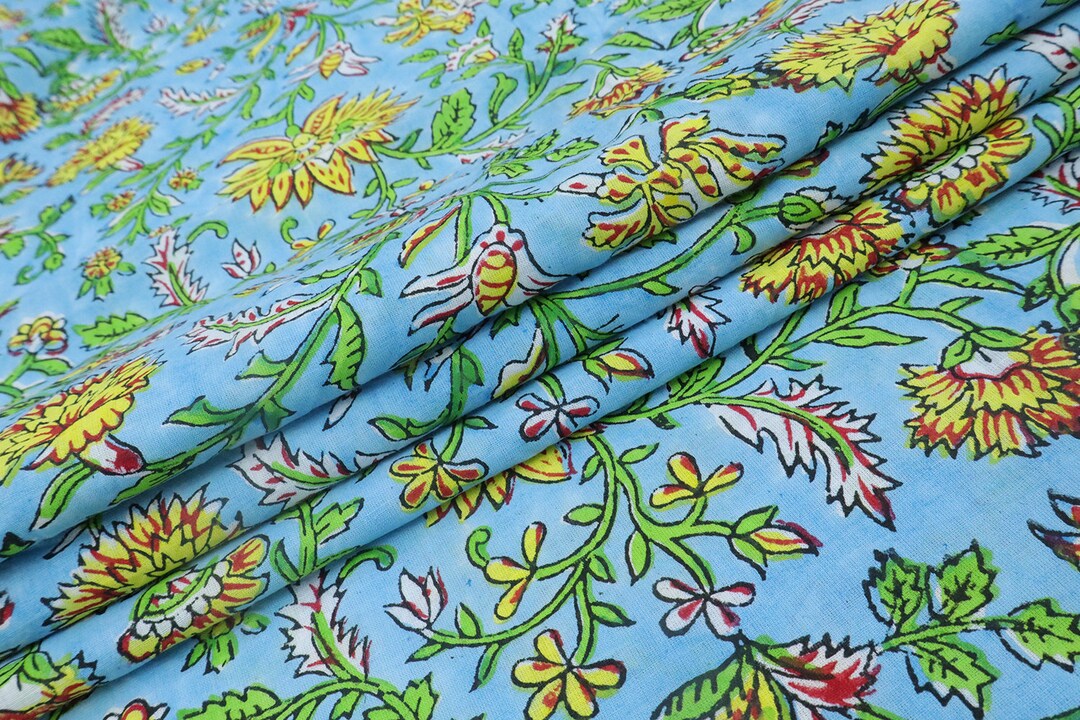 Blue and Yellow Block Print Floral Fabric, 100% Linen Fabric by the ...