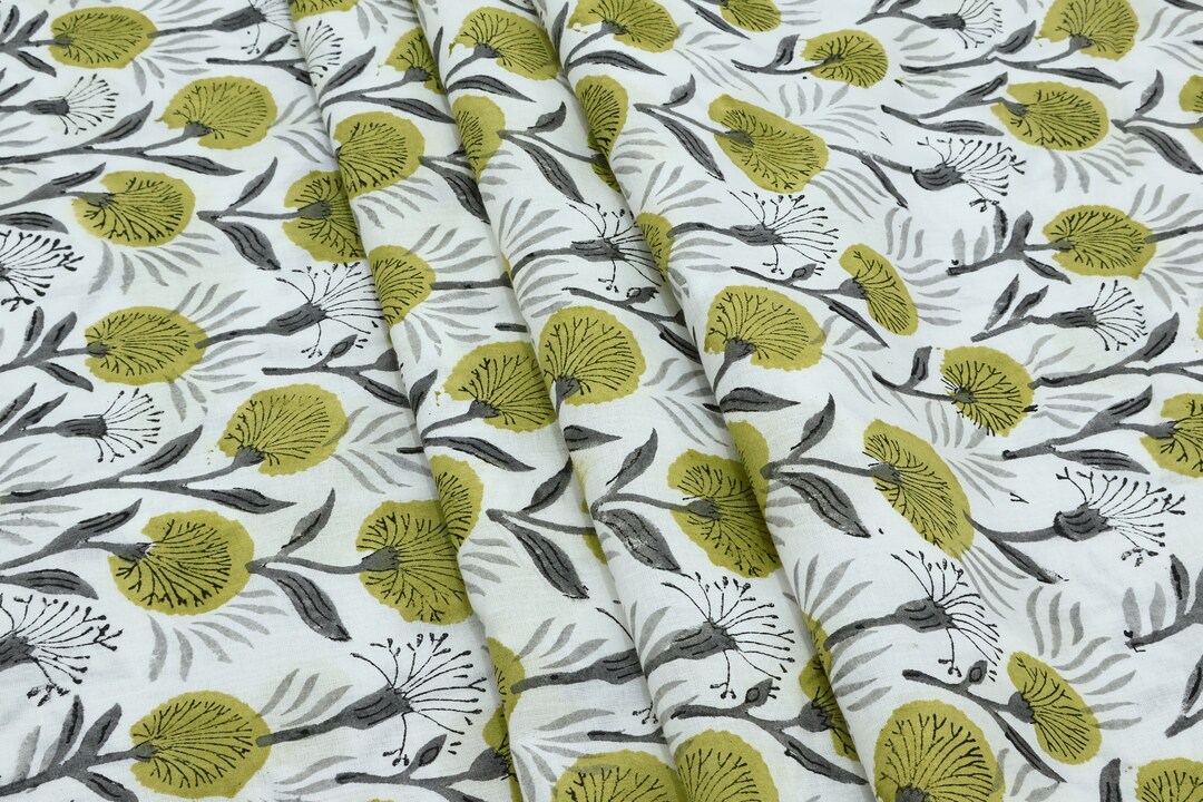 Green Floral Block Print Cotton Fabric: Indian Handstamped Textile - Etsy