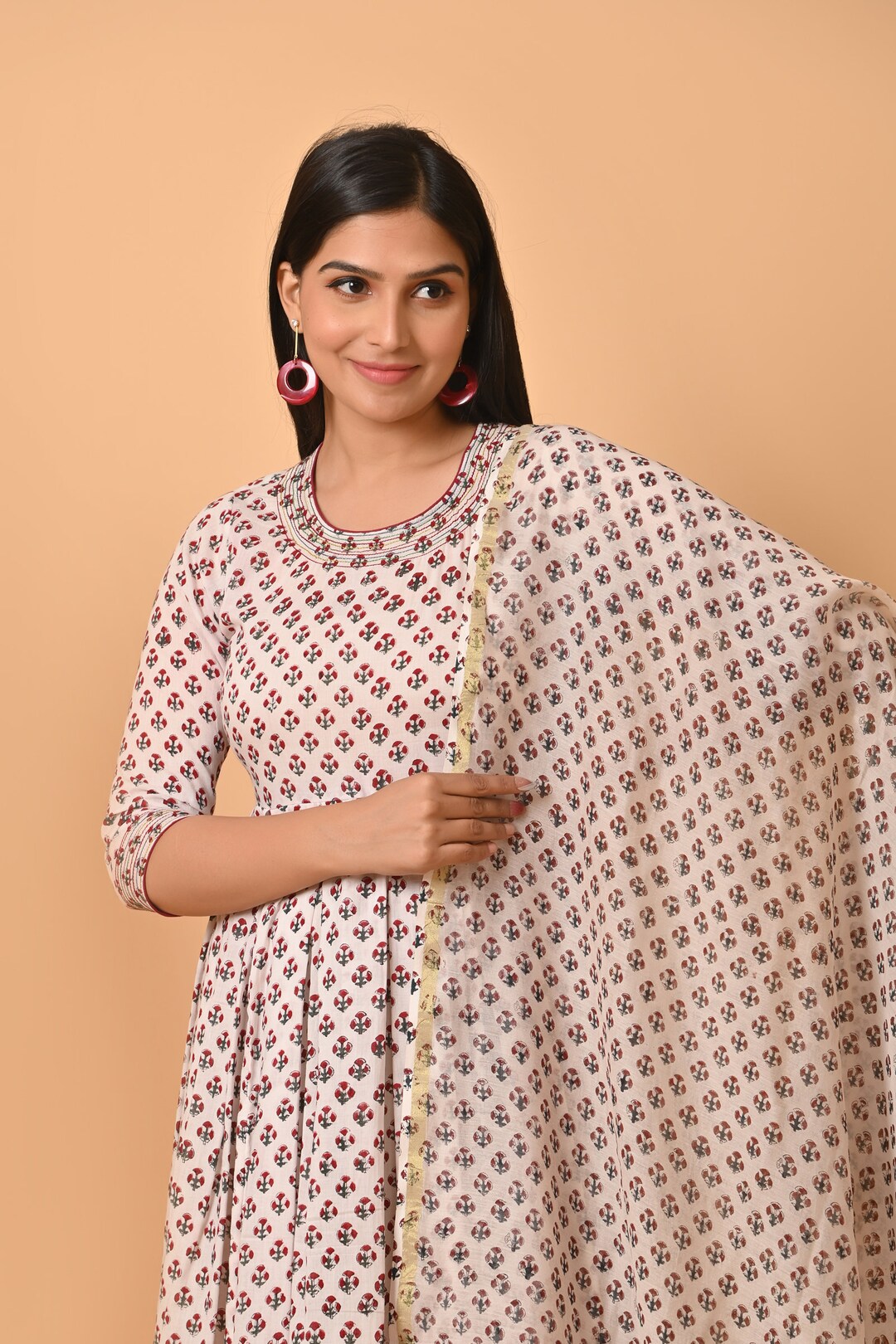 Pure Cotton White Colour Hand Block Dress Floral Print With Dupatta - Etsy