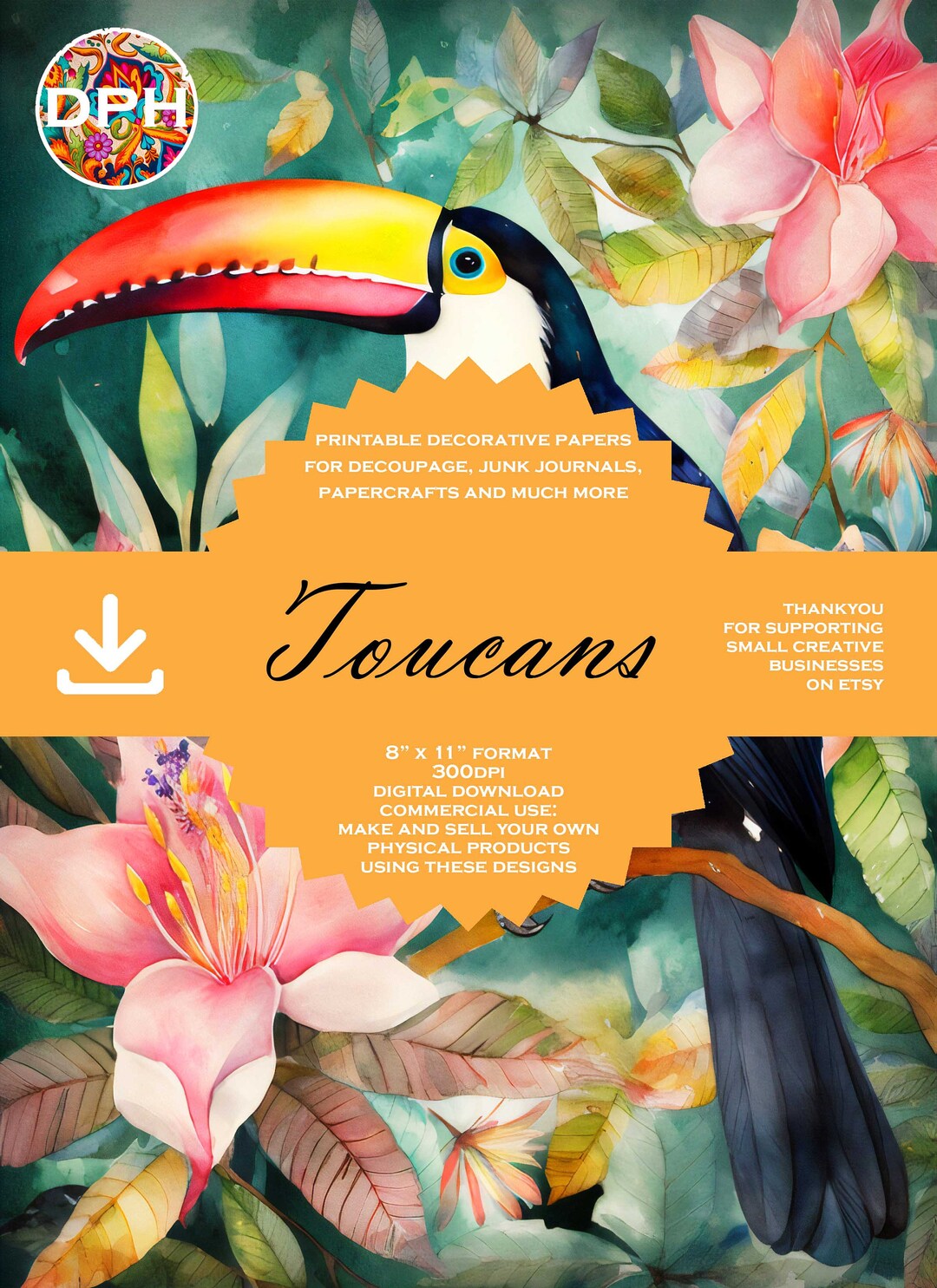 Toucans: 8"x11" Decoupage Papers/ DIGITAL DOWNLOADS for All Kinds of ...