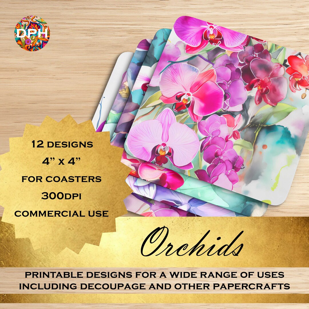 Printable 4"x4" Images / ORCHIDS Theme / for Coasters, Greetings Cards, Decoupage, Papercrafts ...