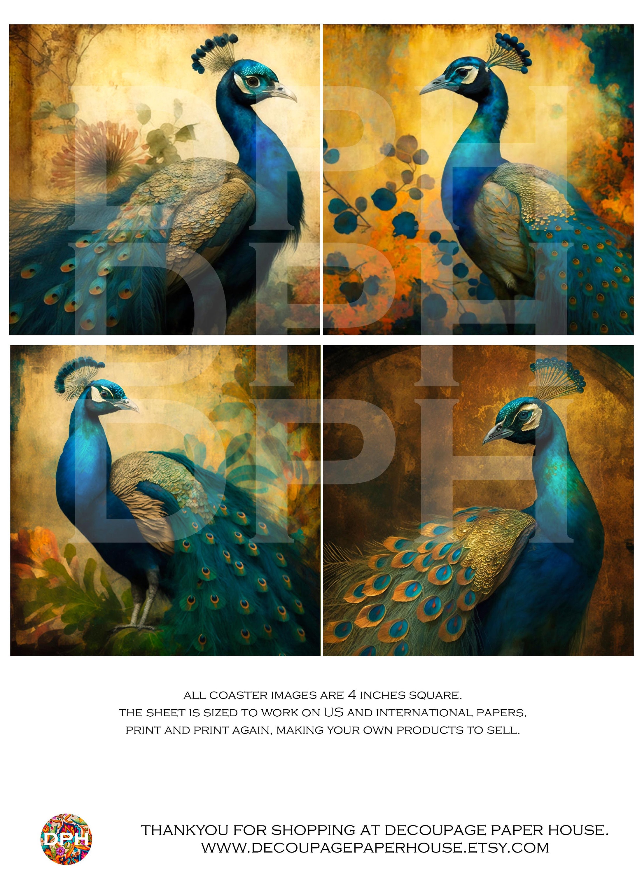 Printable 4"x4" Images / PEACOCK Theme / for Coasters, Greetings Cards ...