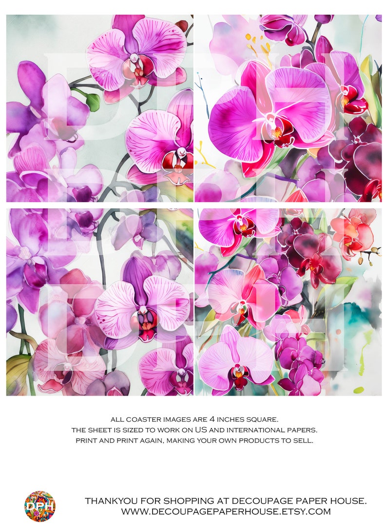 Printable 4"x4" Images / ORCHIDS Theme / for Coasters, Greetings Cards, Decoupage, Papercrafts ...