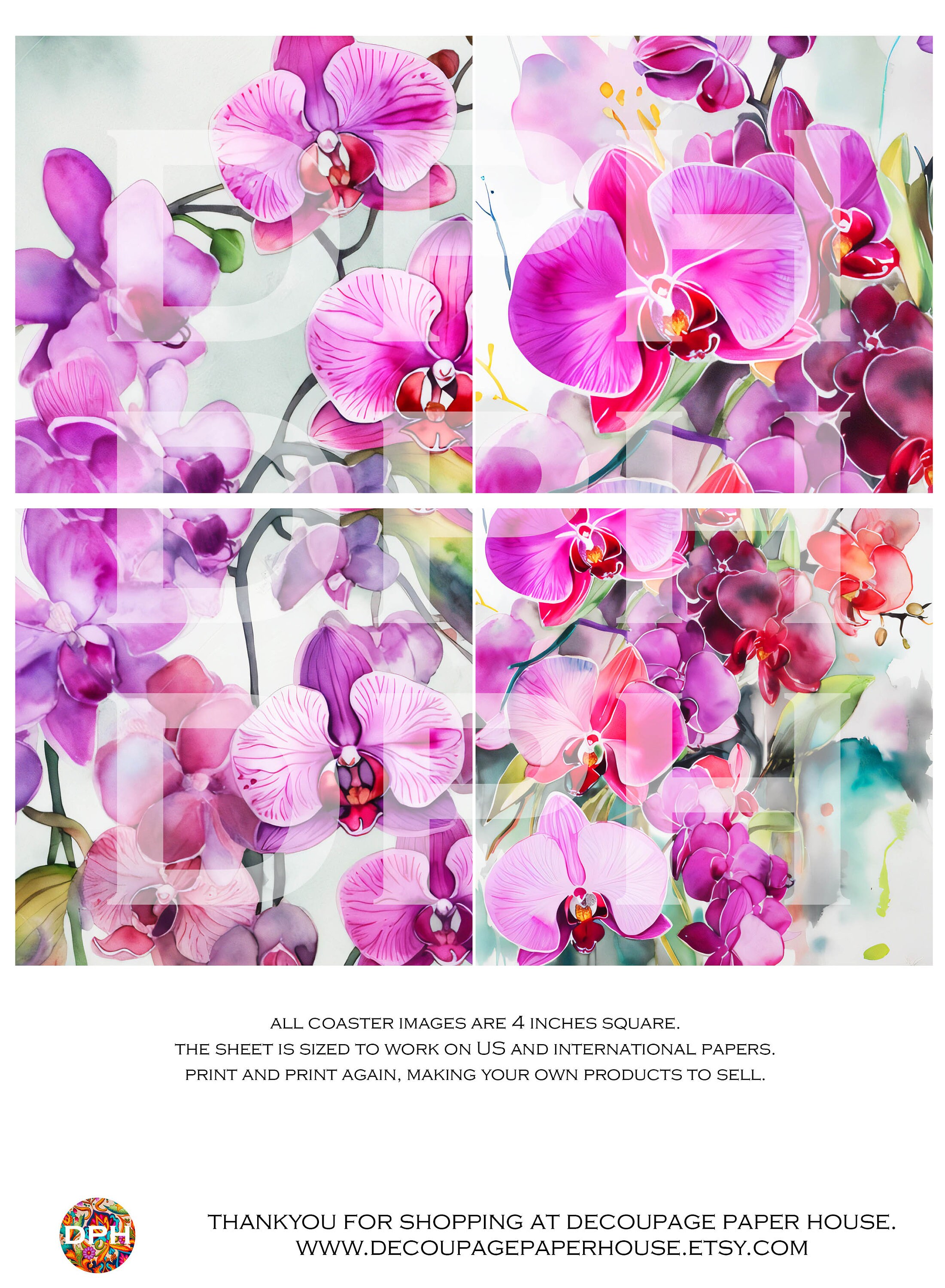 Printable 4"x4" Images / ORCHIDS Theme / for Coasters, Greetings Cards ...