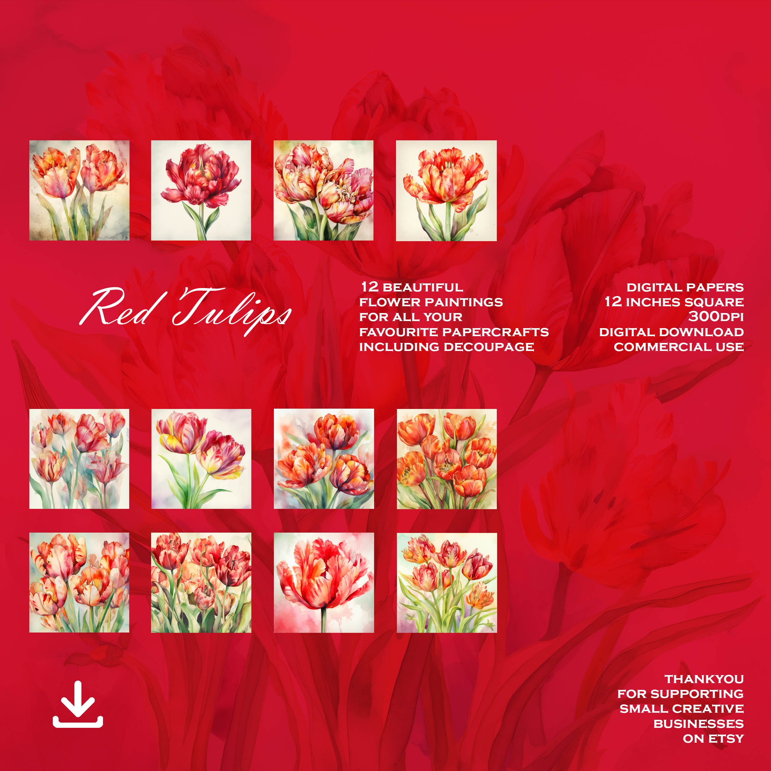 Red Tulips: Decoupage Paper 12x Floral Designs/ DIGITAL PAPERS for All ...
