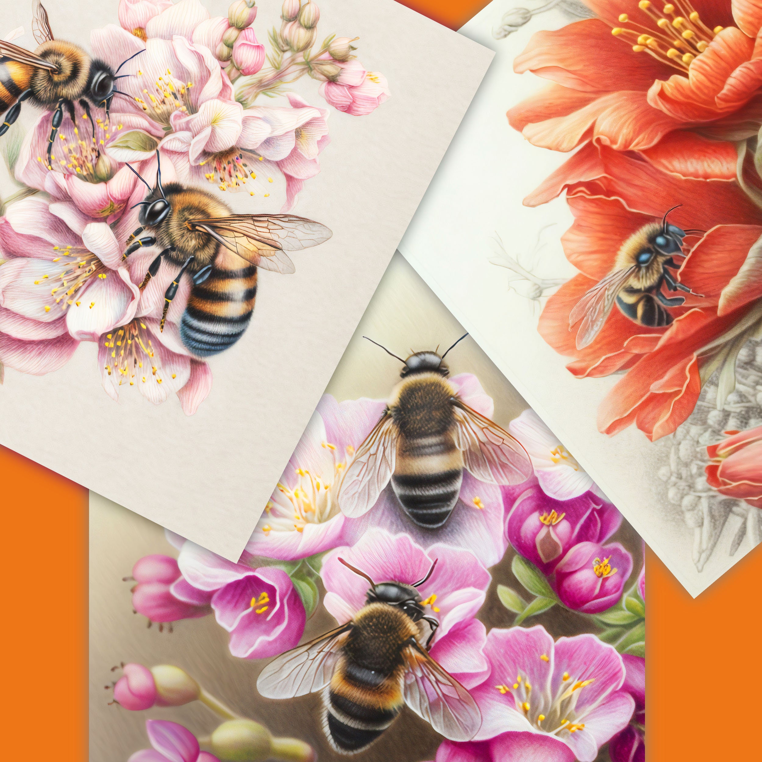 Bees: Decoupage Paper 10x Floral Designs With Bees/ DIGITAL - Etsy