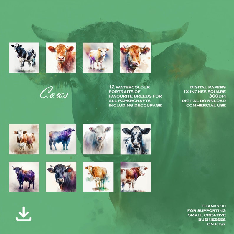 Cows: Decoupage Paper 12x Designs/ DIGITAL PAPERS for All Kinds of ...