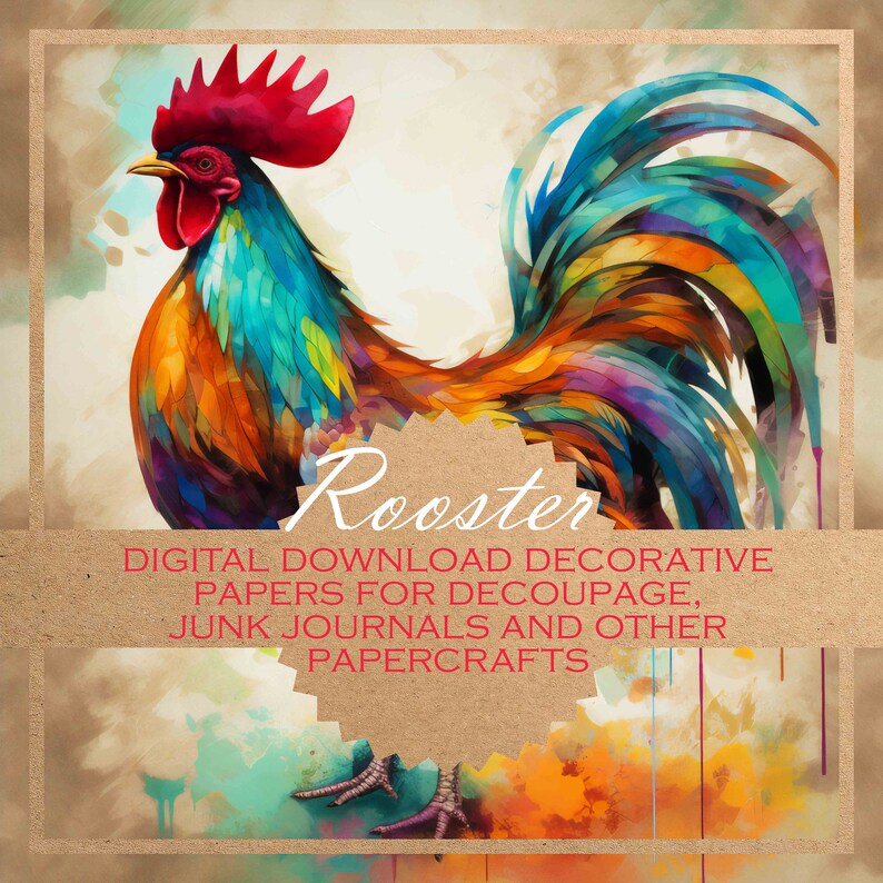 Rooster: Chicken Decoupage Paper 10x Designs/ DIGITAL PAPERS for All ...