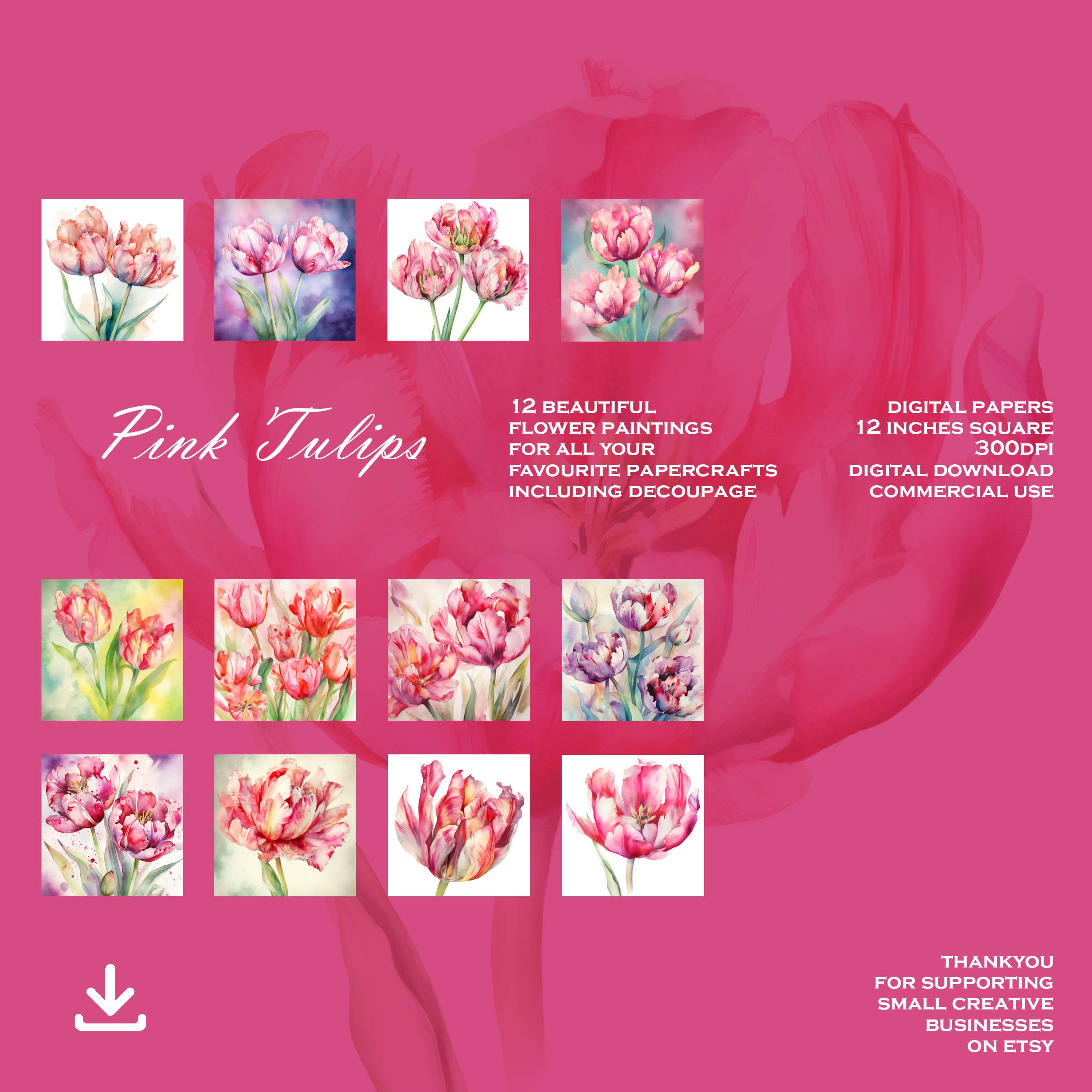 Pink Tulips: Decoupage Paper 12x Floral Designs/ DIGITAL PAPERS for All ...