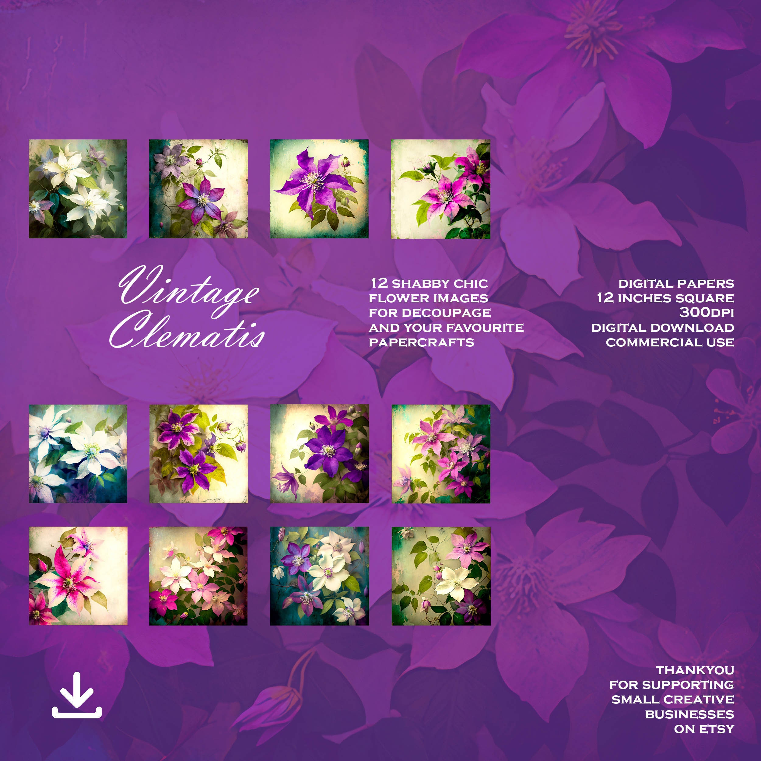 Vintage Clematis: Decoupage Shabby Chic Floral Printable - Etsy