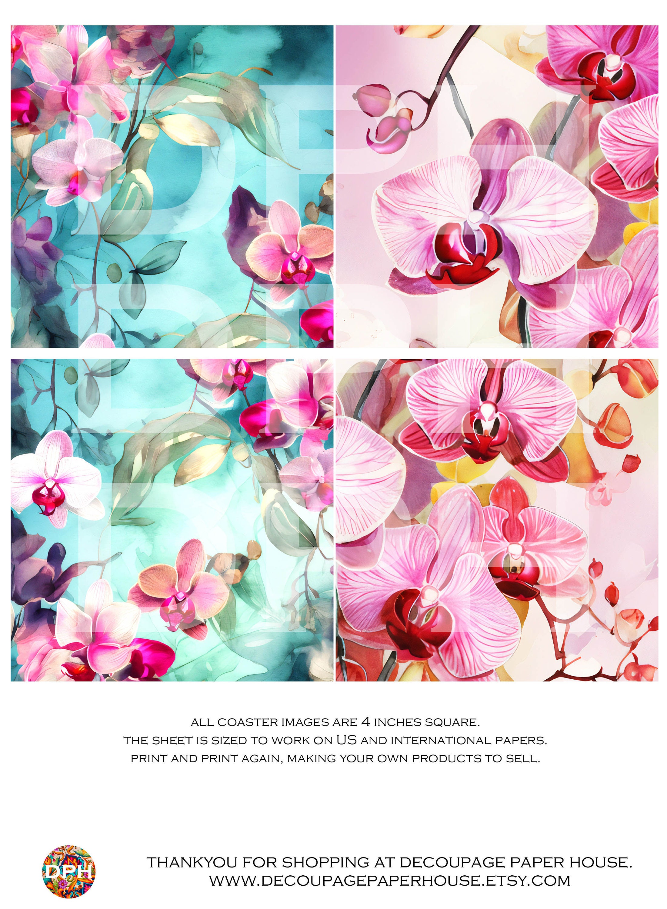 Printable 4"x4" Images / ORCHIDS Theme / for Coasters, Greetings Cards, Decoupage, Papercrafts ...