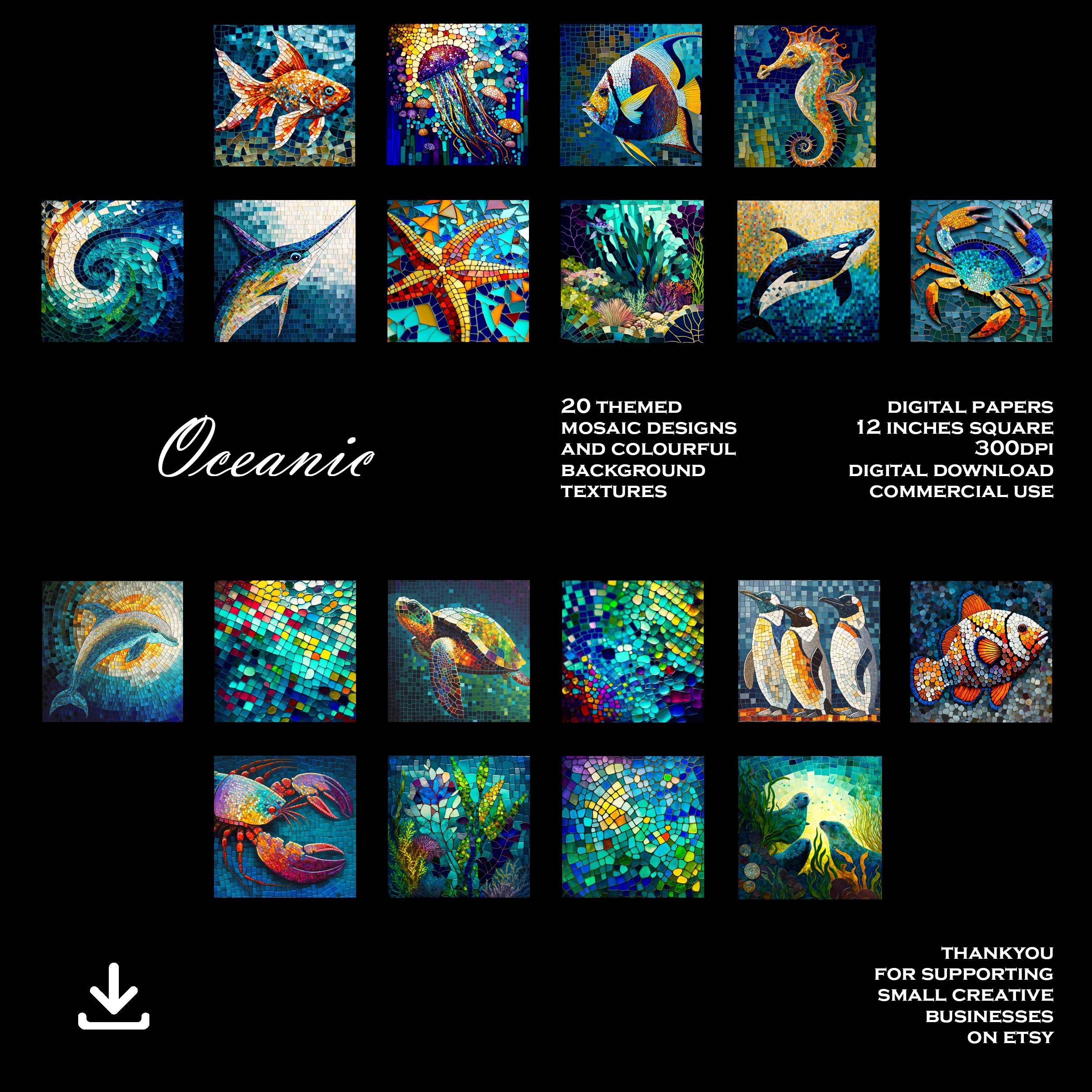 Oceanic: Sea Creatures Decoupage Papers/ 20x Beautiful Mosaic DIGITAL ...