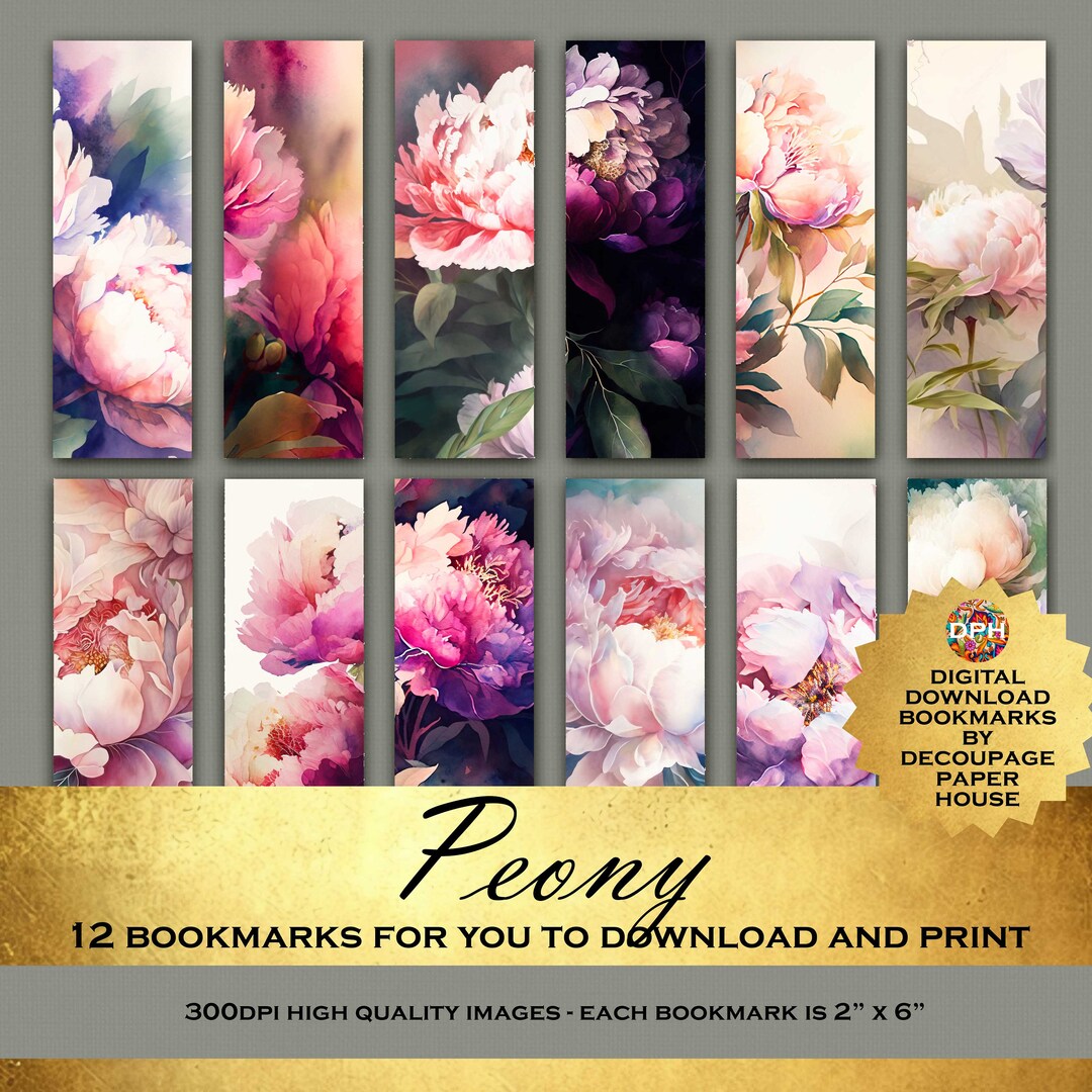 Peony: Printable Digital Bookmarks - Just Download and Print - 12x ...