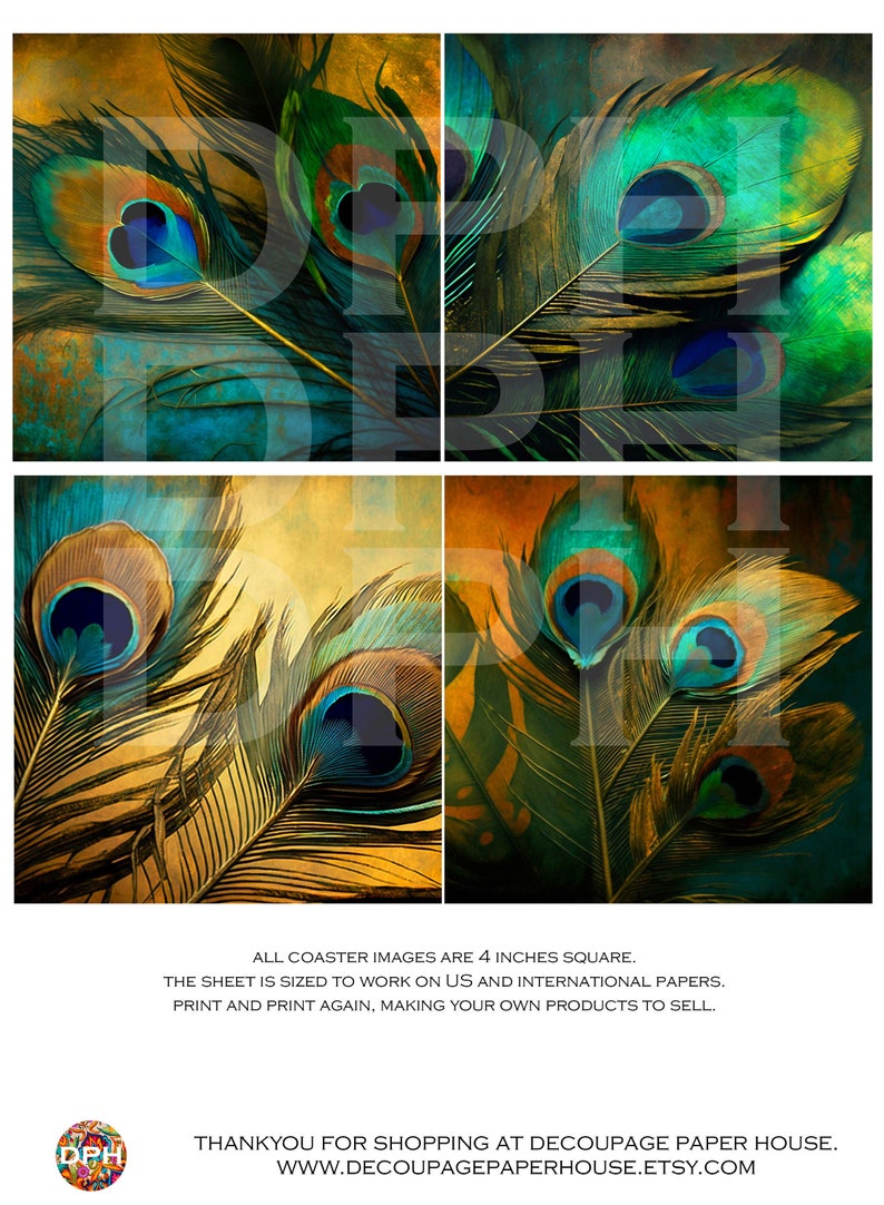 Printable 4"x4" Images / PEACOCK Theme / for Coasters, Greetings Cards ...