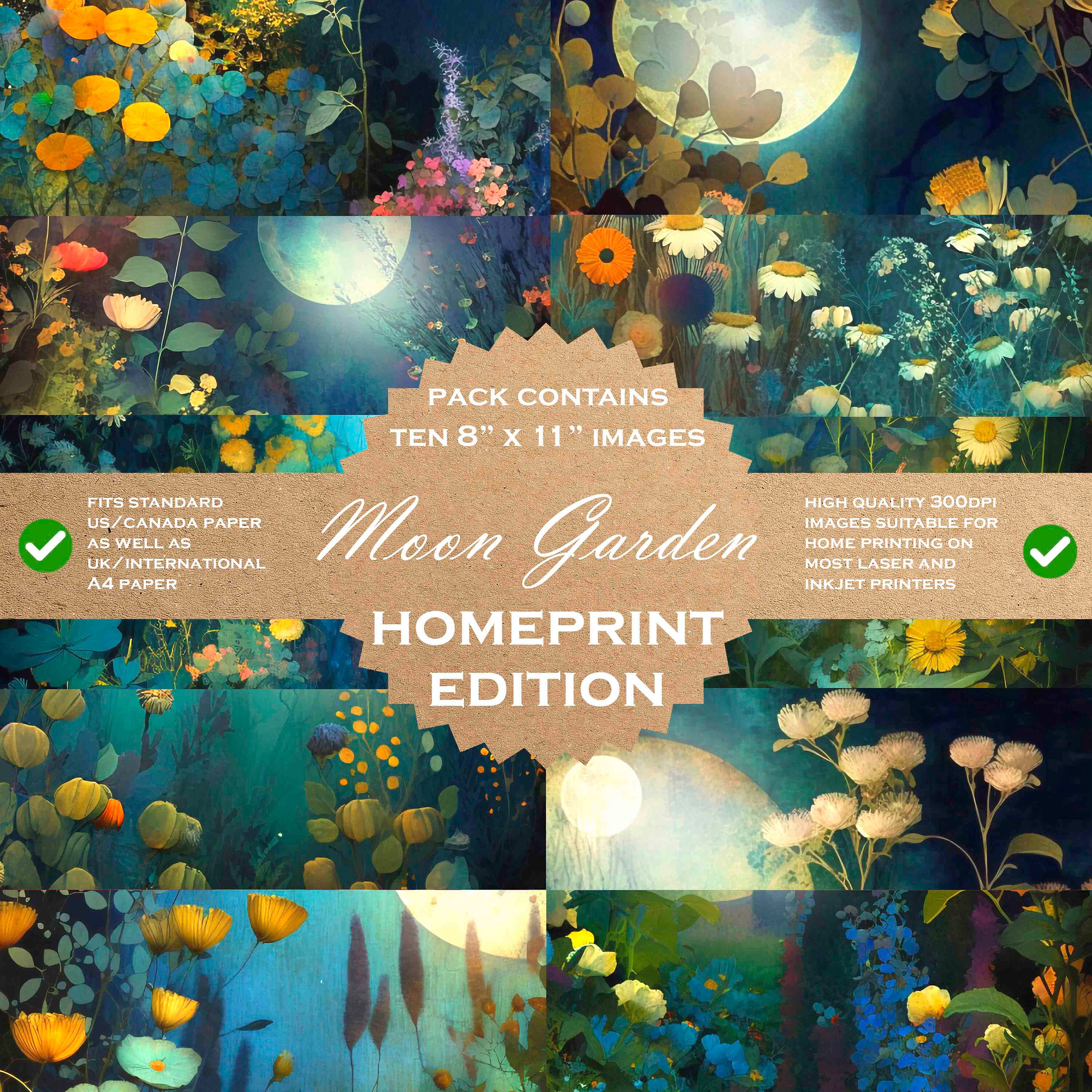 Moon Garden Printable Decoupage Papers, Home Print DIGITAL PAPERS ...