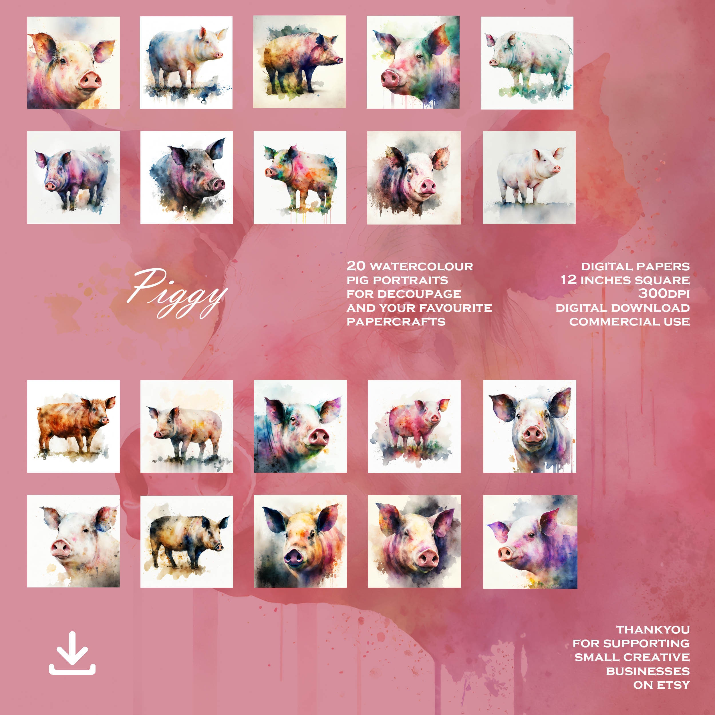 Piggy: Pigs Decoupage Paper/ 20x Beautiful Pig Portrait DIGITAL PAPERS ...