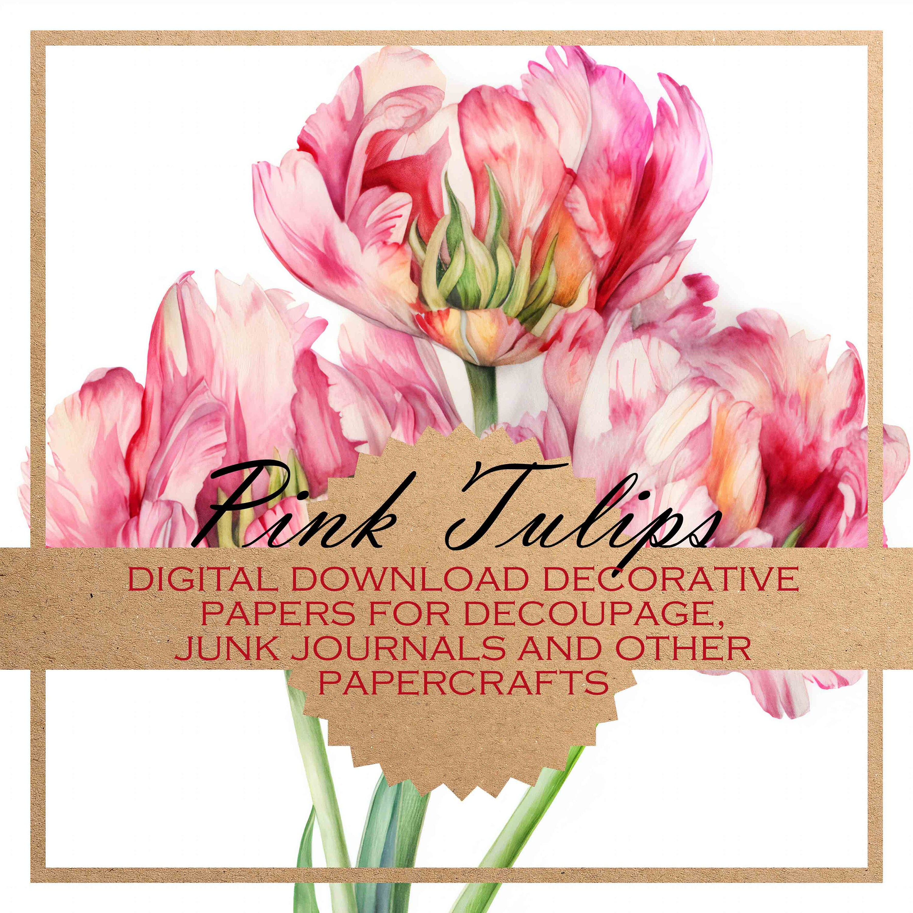 Pink Tulips: Decoupage Paper 12x Floral Designs/ DIGITAL PAPERS for All ...