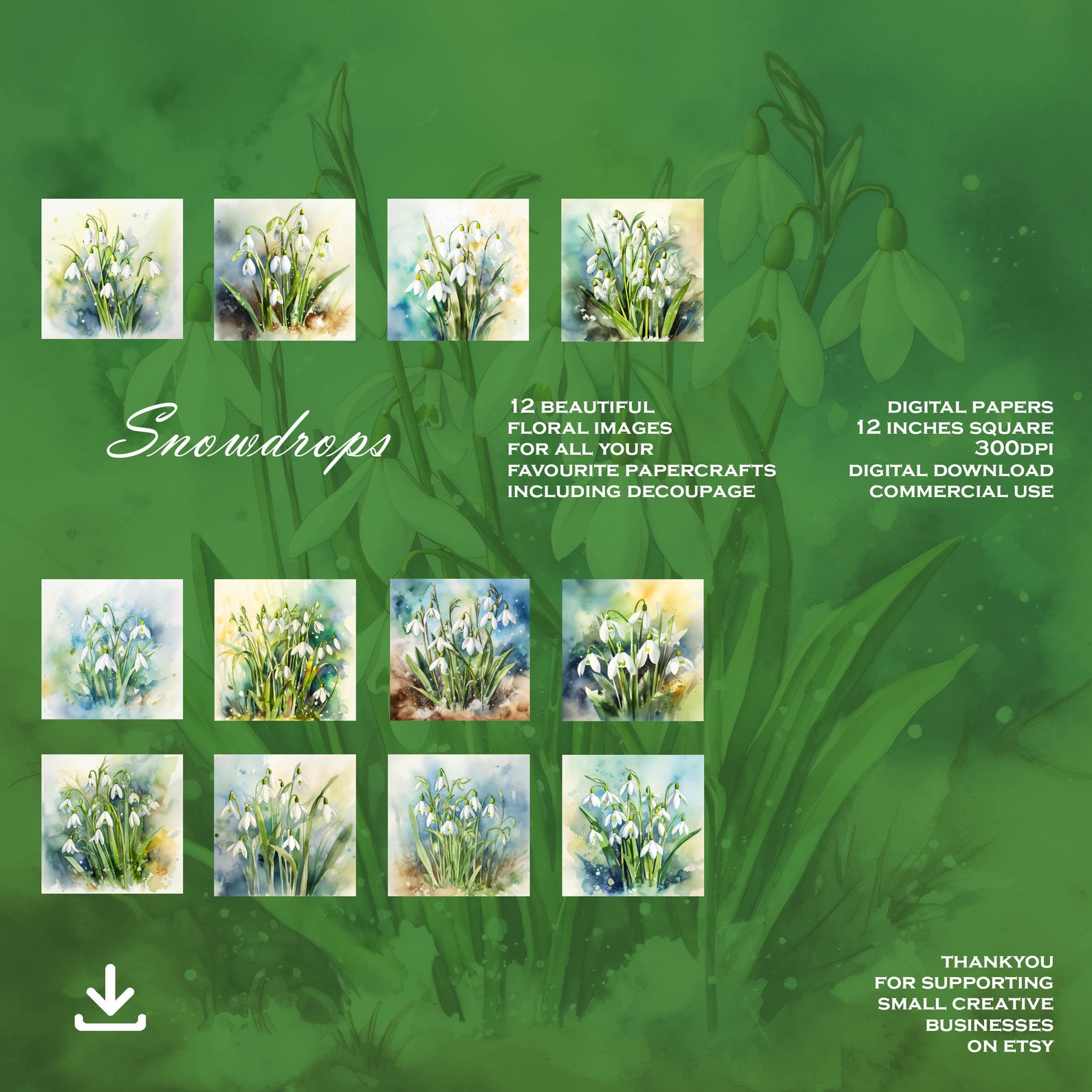 Snowdrops: Decoupage Paper 12x Beautiful Floral Designs/ DIGITAL PAPERS ...