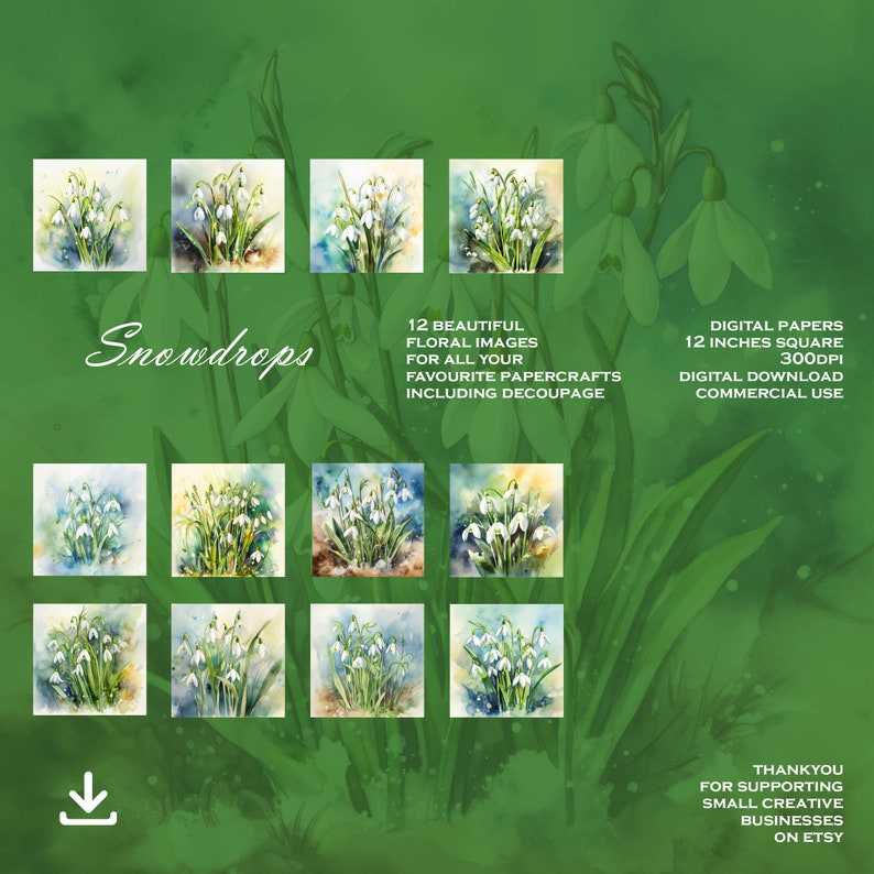 Snowdrops: Decoupage Paper 12x Beautiful Floral Designs/ DIGITAL PAPERS ...
